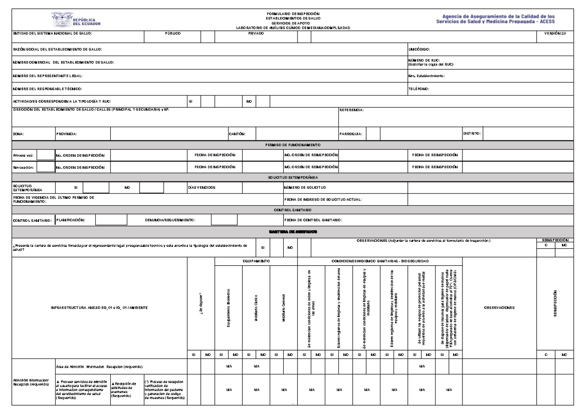 FORMULARIO DE INSPECCIÓN LABORATORIO ANÁLISIS CLÍNICO - VERSIÓN 2.0 ...