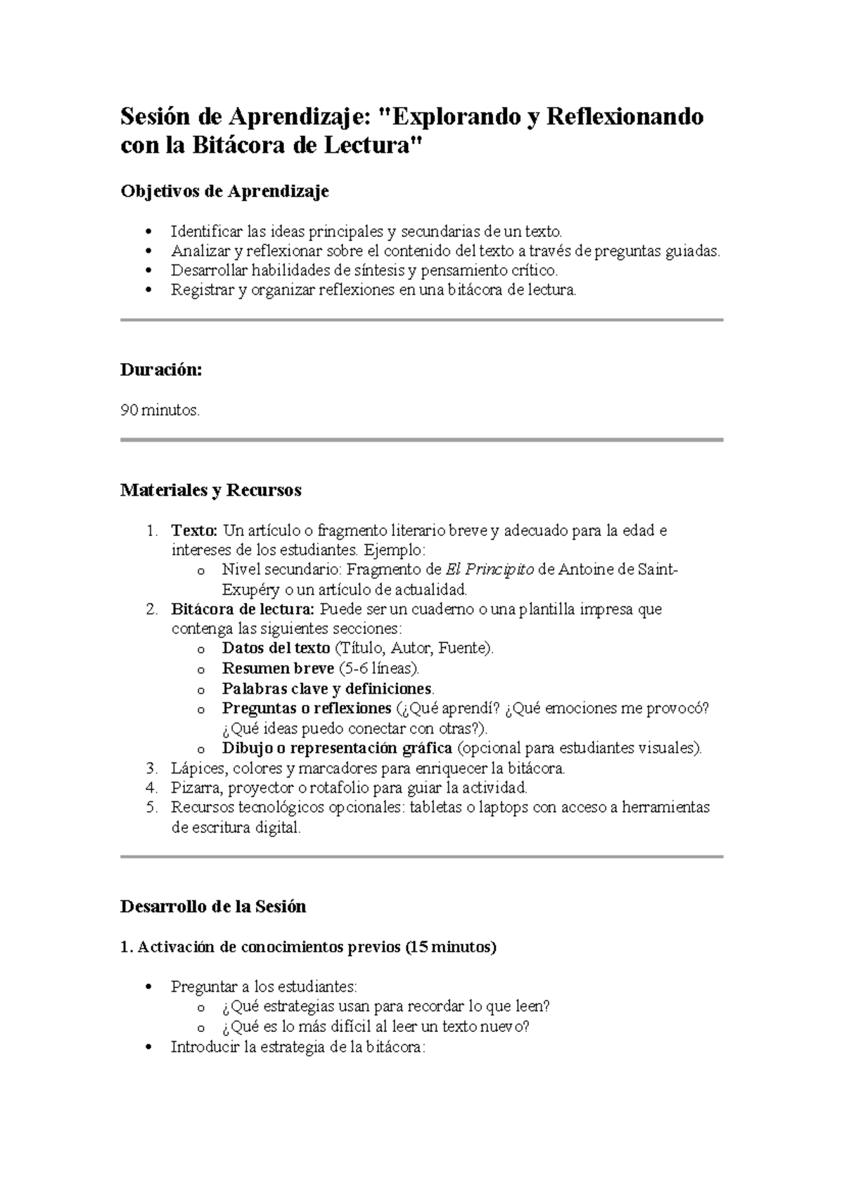 Sesión de Aprendizaje: Explorando la Bitácora de Lectura - Studocu