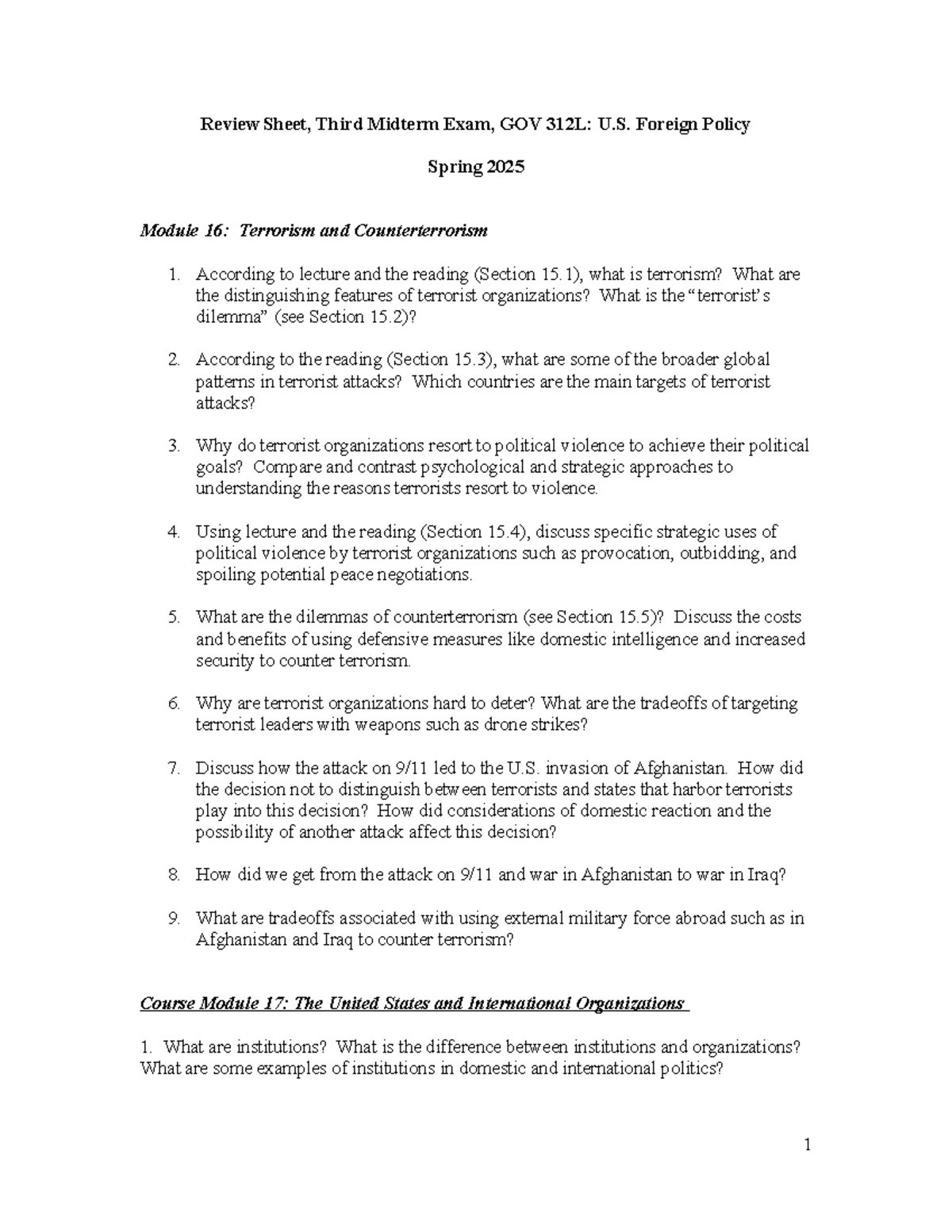 GOV 312L, Spring 2025, Midterm Exam #3 Review Sheet on Foreign Policy ...