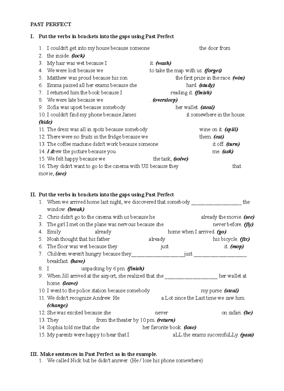 32. Past Perfect Exercises and Examples - Studocu