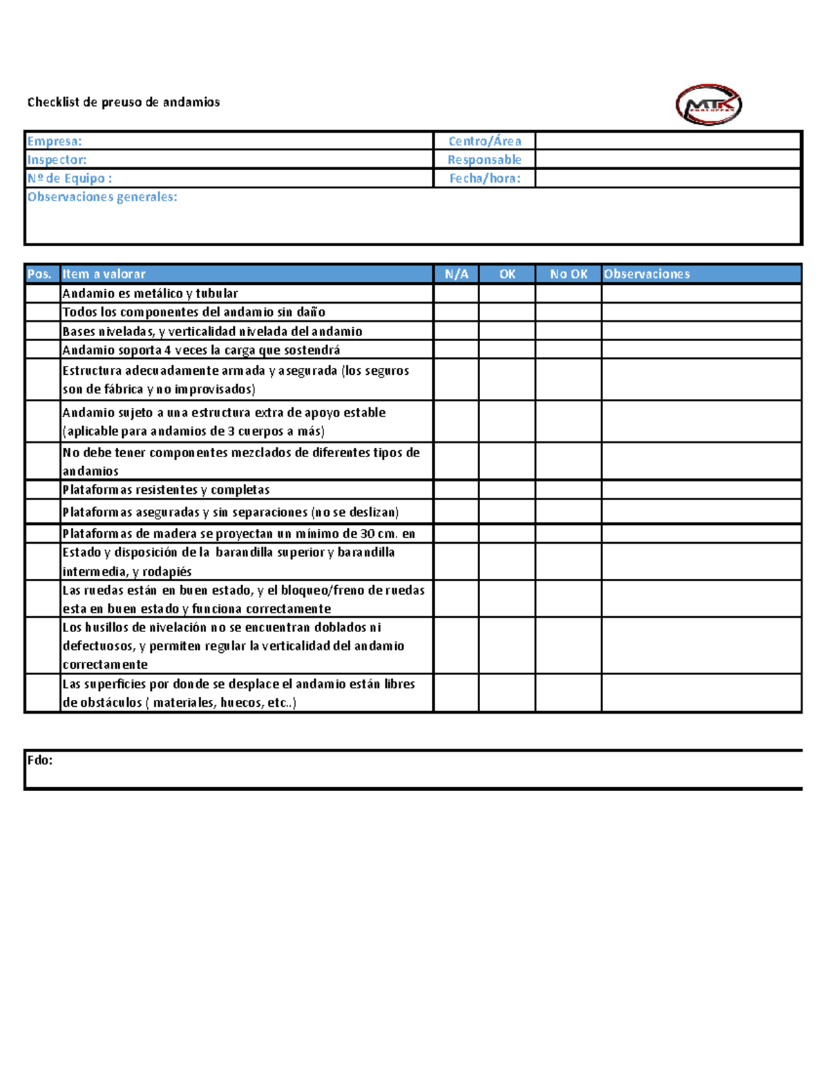 Checklist de Preuso de Andamios - Inspección y Evaluación - Studocu