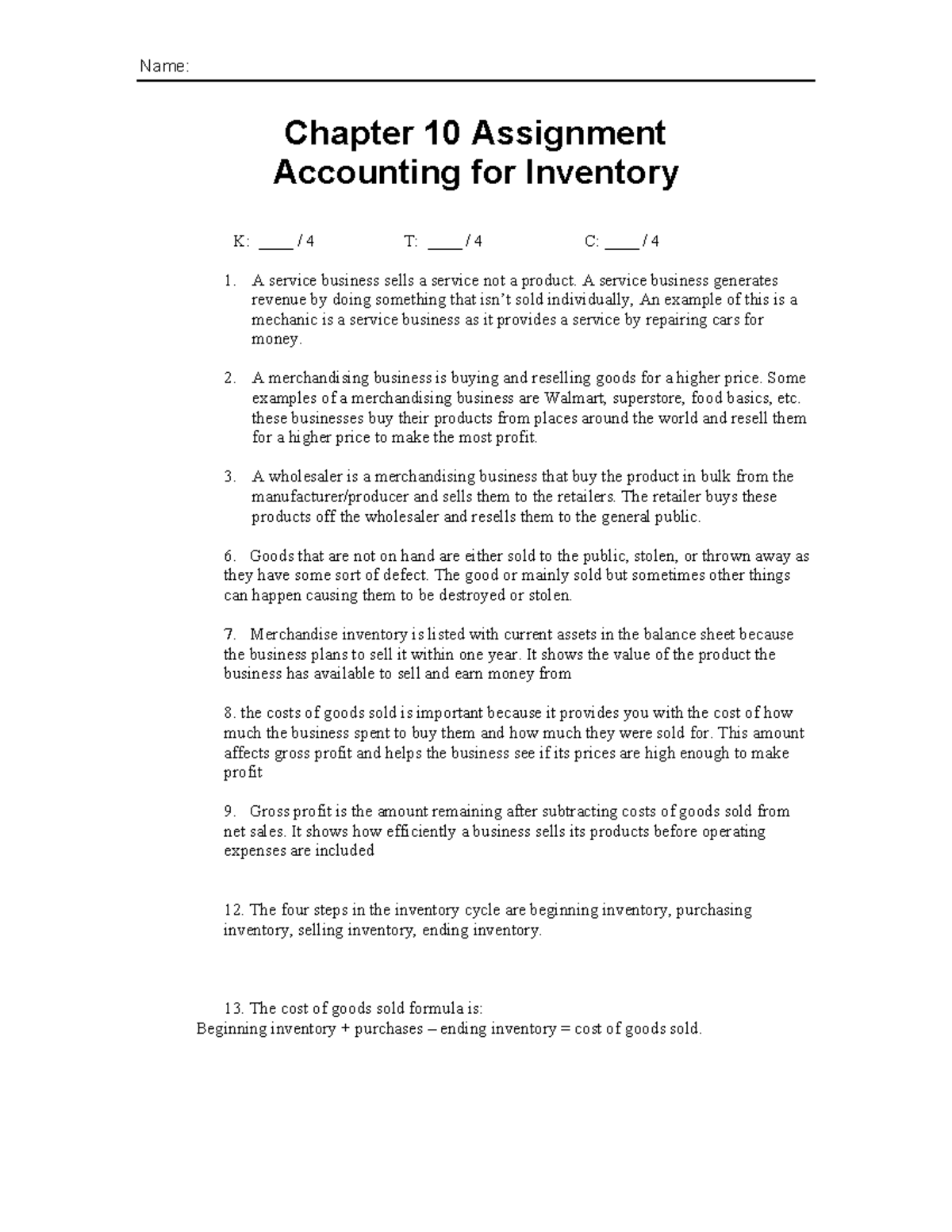 S1: Chapter 10 Assignment - Accounting for Inventory Insights - Studocu