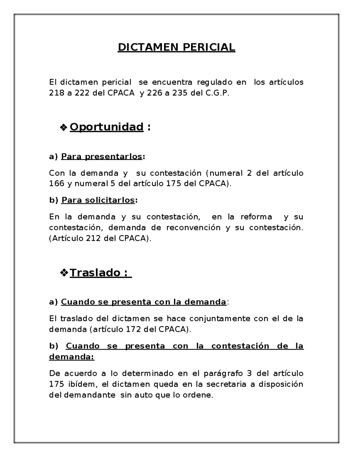 Dictamen Pericial según CPACA: Aspectos Clave y Normativas - Studocu