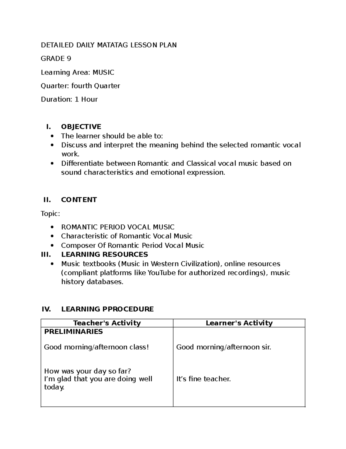 Grade 9 MAPEH - Detailed Daily Lesson Plan on Romantic Vocal Music ...