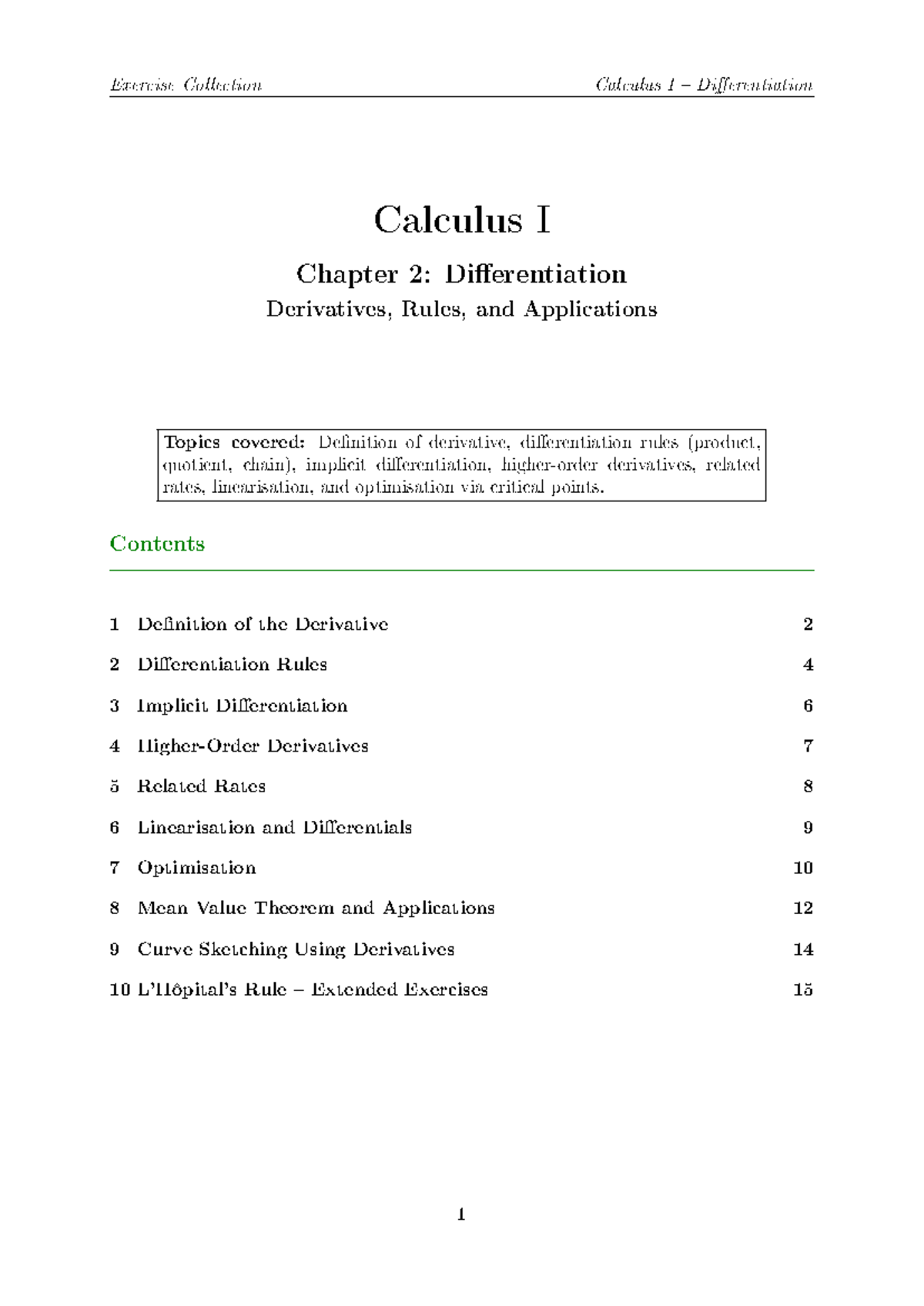 Calculus I Exercise Collection: Chapter 2 Derivatives & Applications ...