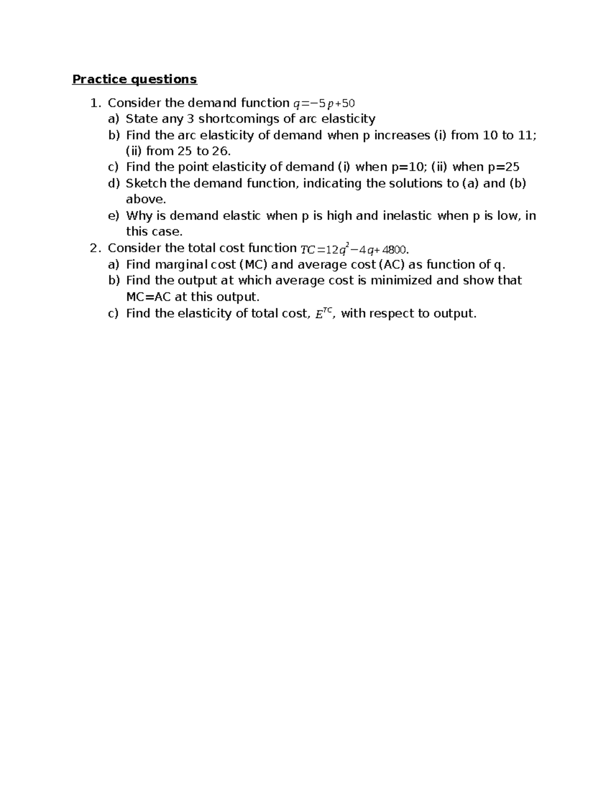 Practice Questions on Demand & Cost Functions for Econ 101 - Studocu
