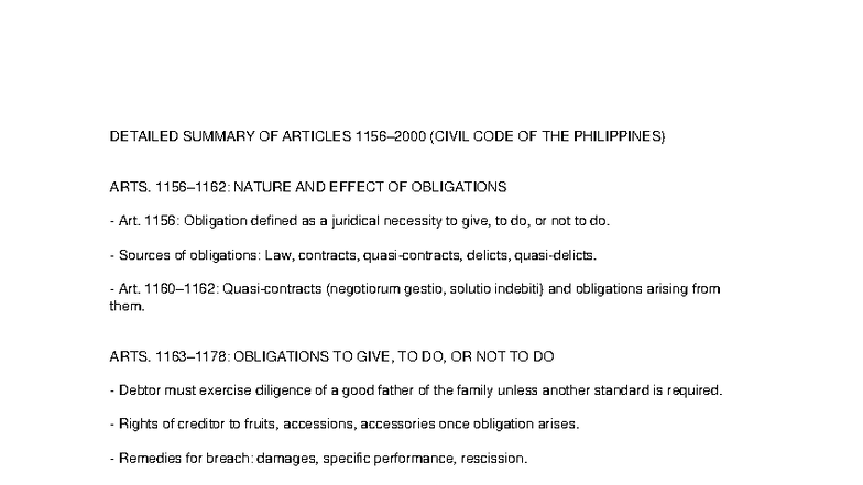 CIVIL CODE OF THE PHILIPPINES: OBLIGATIONS SUMMARY (ARTS. 1156-1191 ...