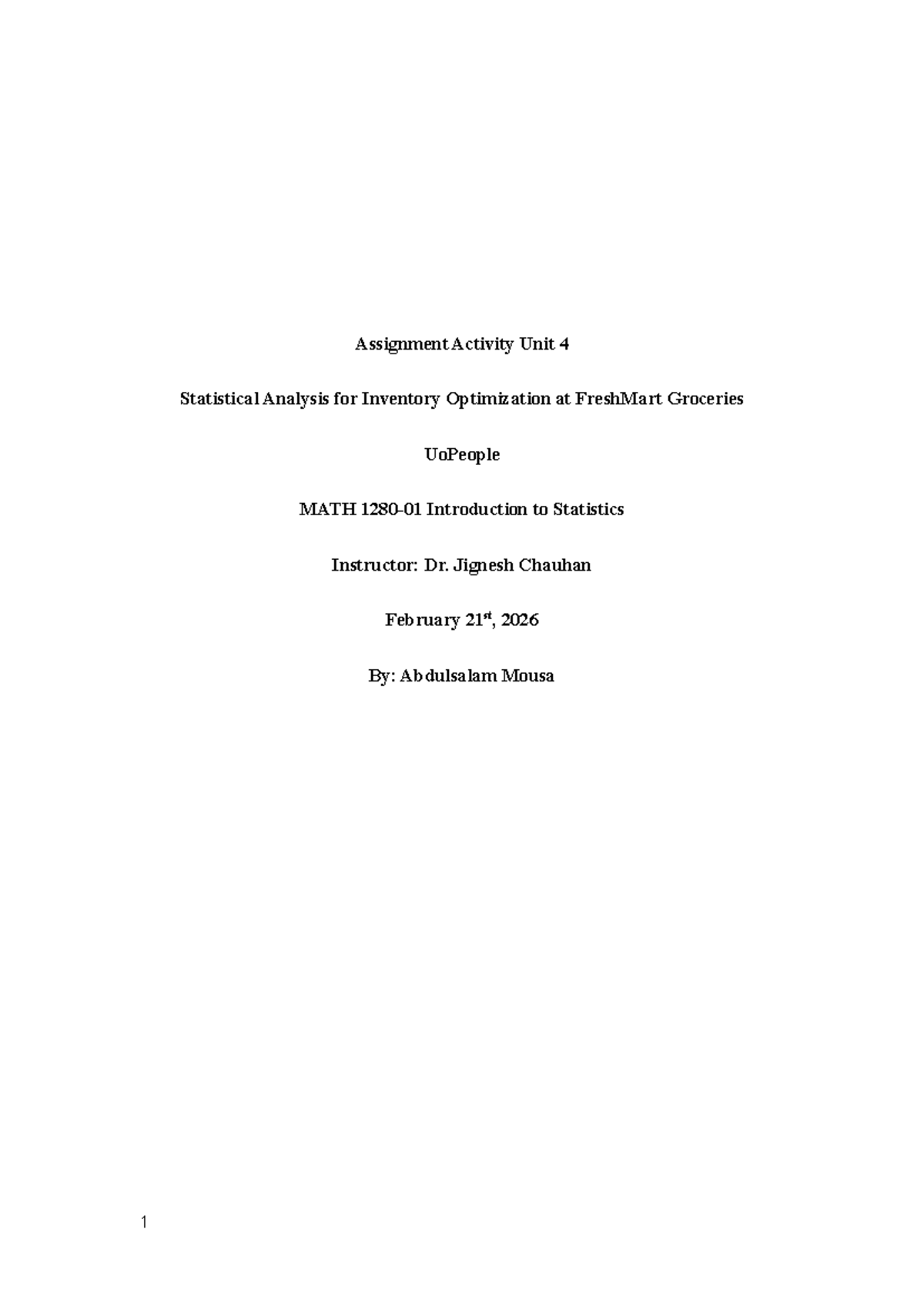 Assignment Activity Unit 4: Statistical Analysis for Inventory ...