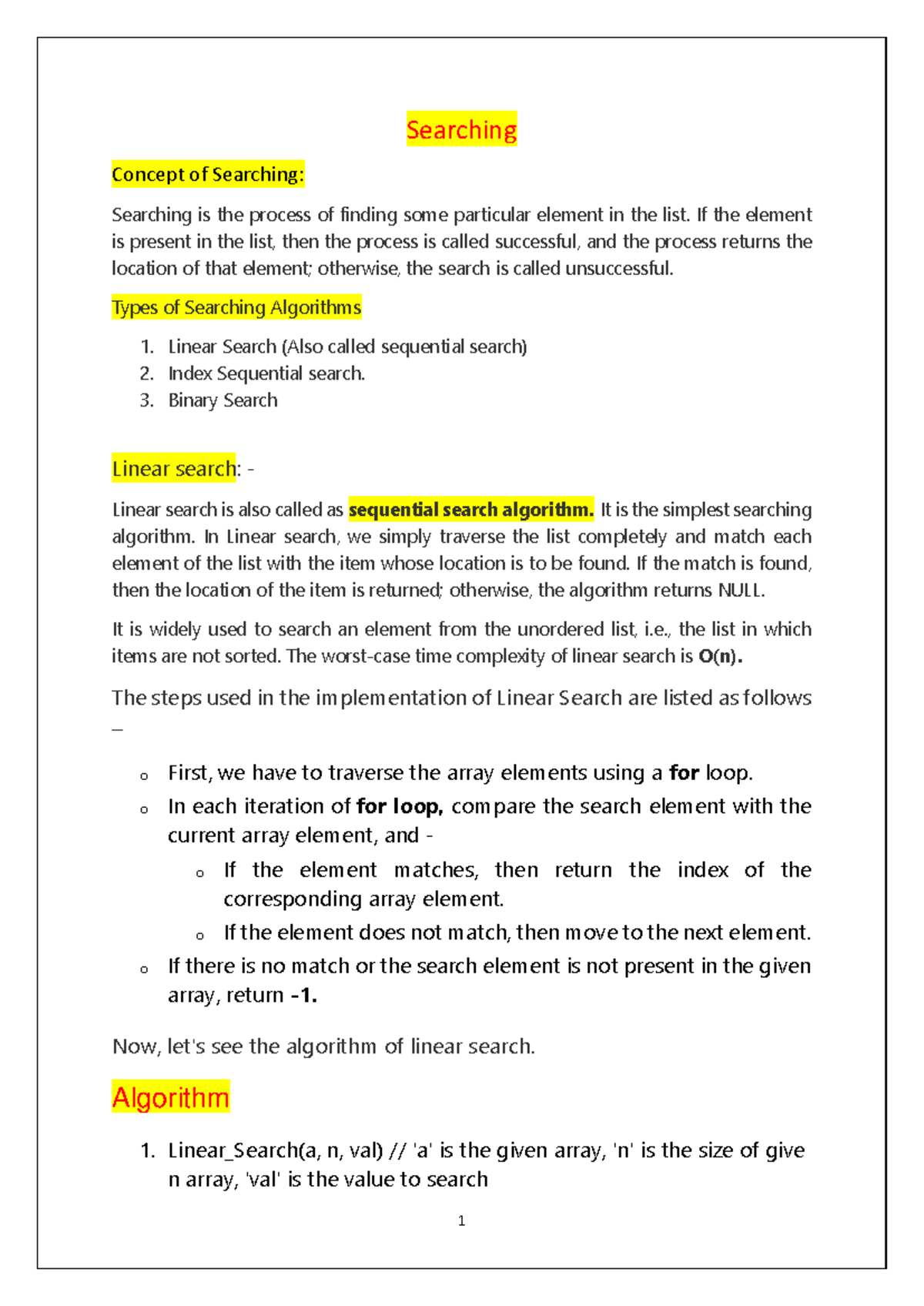 Searching Algorithms: Linear & Binary Search Techniques (CS101) - Studocu
