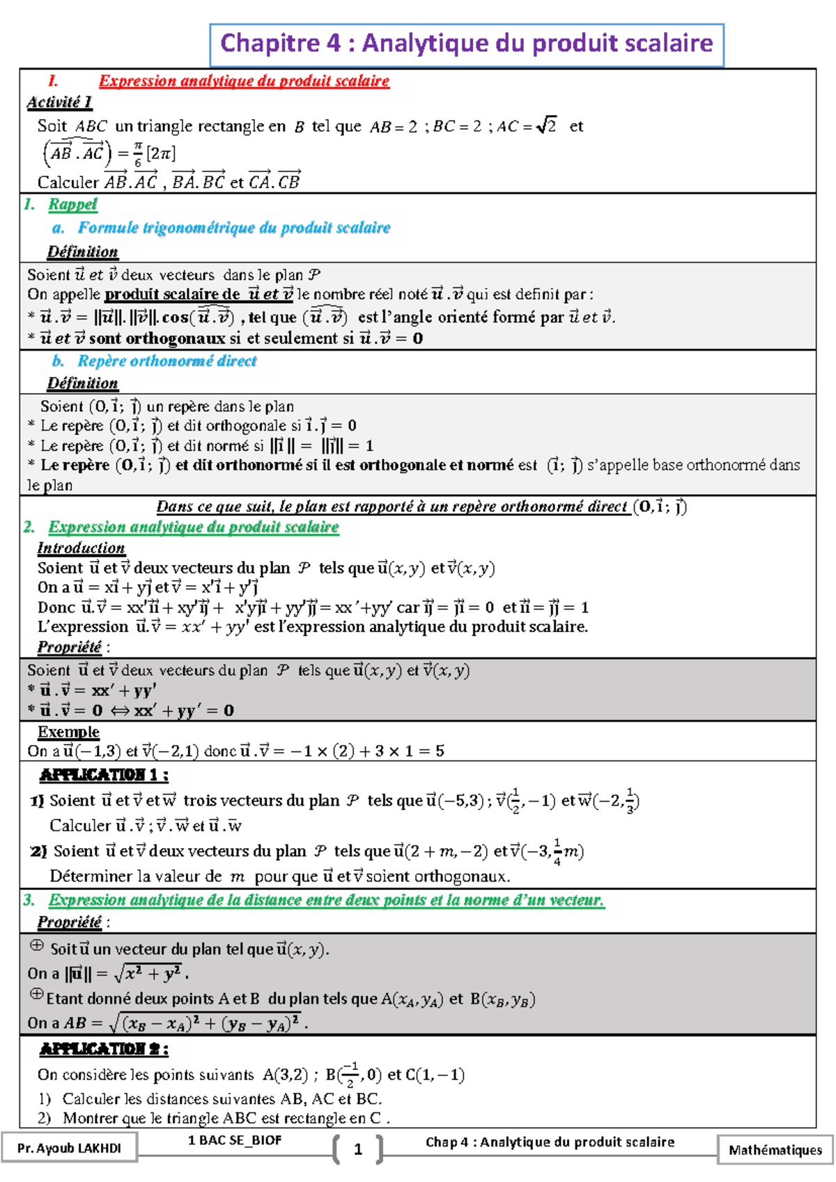 Chap 4 : Analytique du produit scalaire I - Mathématiques BAC SE_BIOF ...