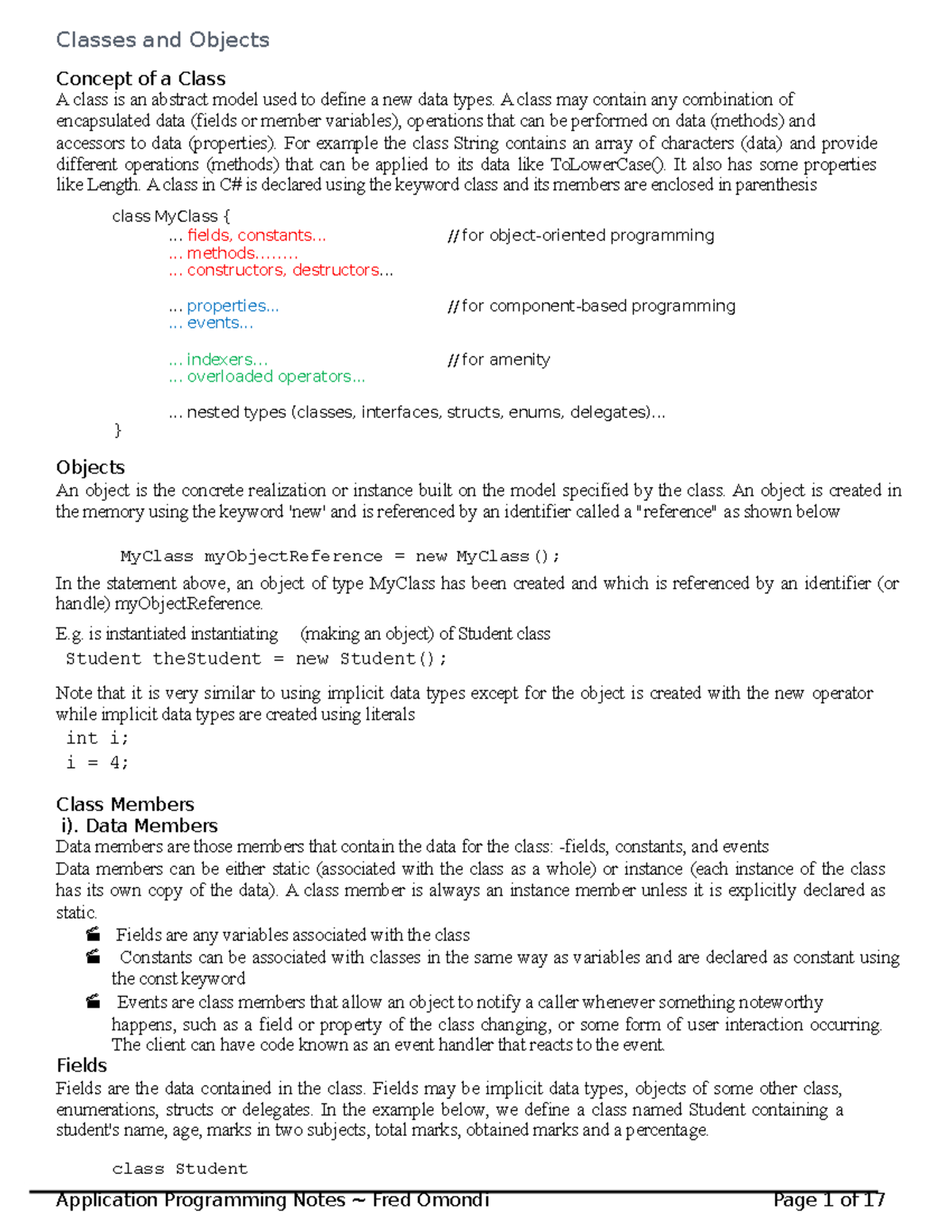 C# 1: Understanding Classes and Objects in Programming - Studocu