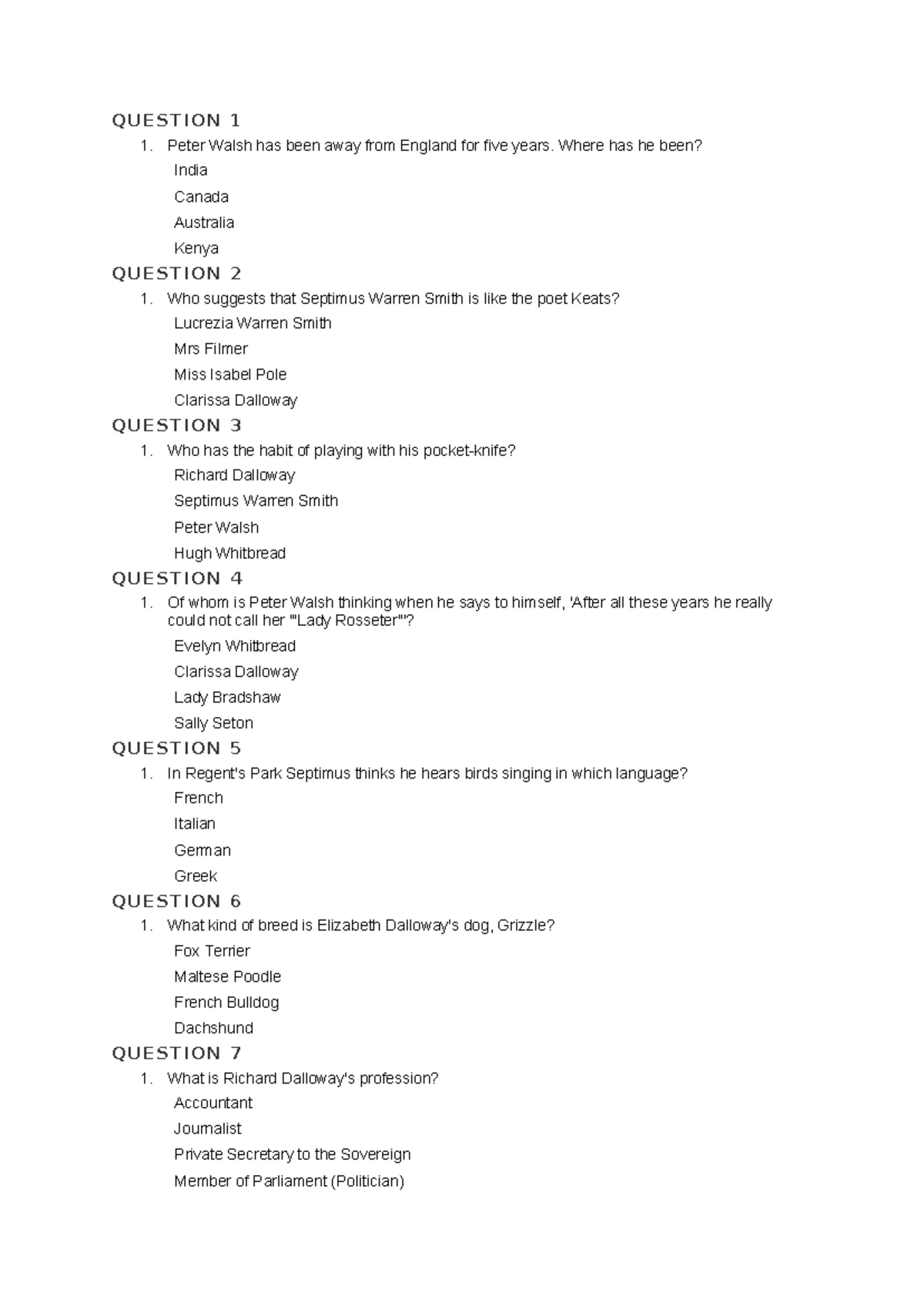 ENG 210 - Quiz Questions and Answers on 'Mrs. Dalloway' - Studocu