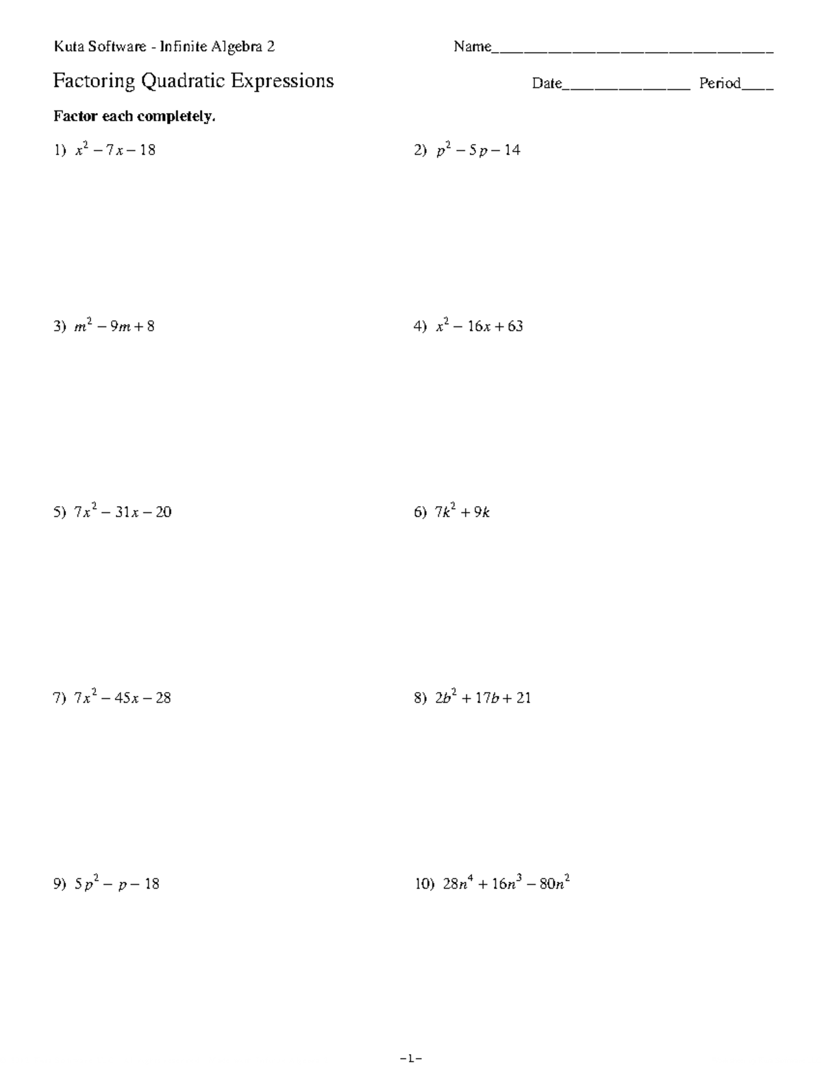 (3)(4) Factoring Quadratic Expressions Worksheet - ©M f 2 q 0 P 1 M 2 V ...