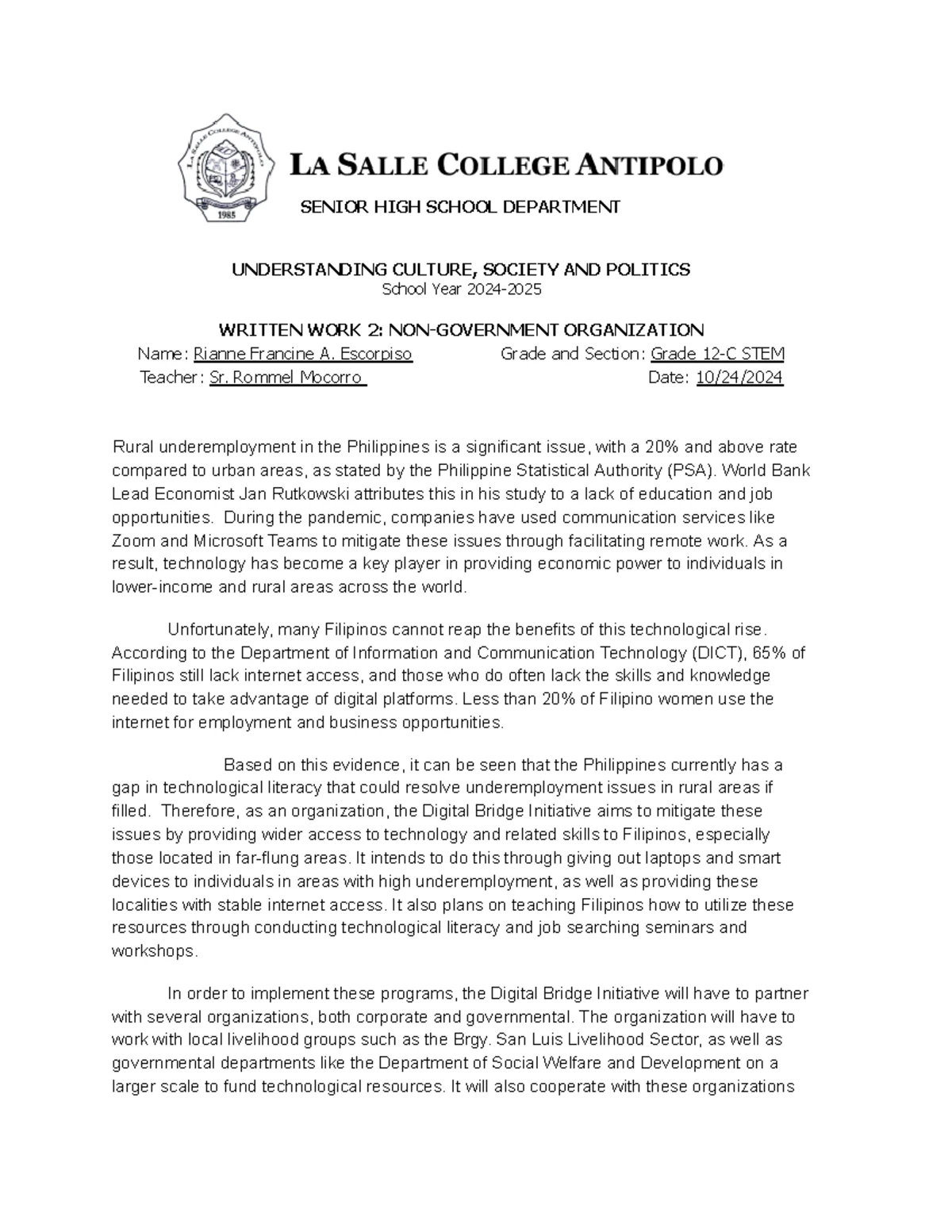 PDS Attachment - BS Social Work. - CONTINUATION VII. LEARNING AND ...