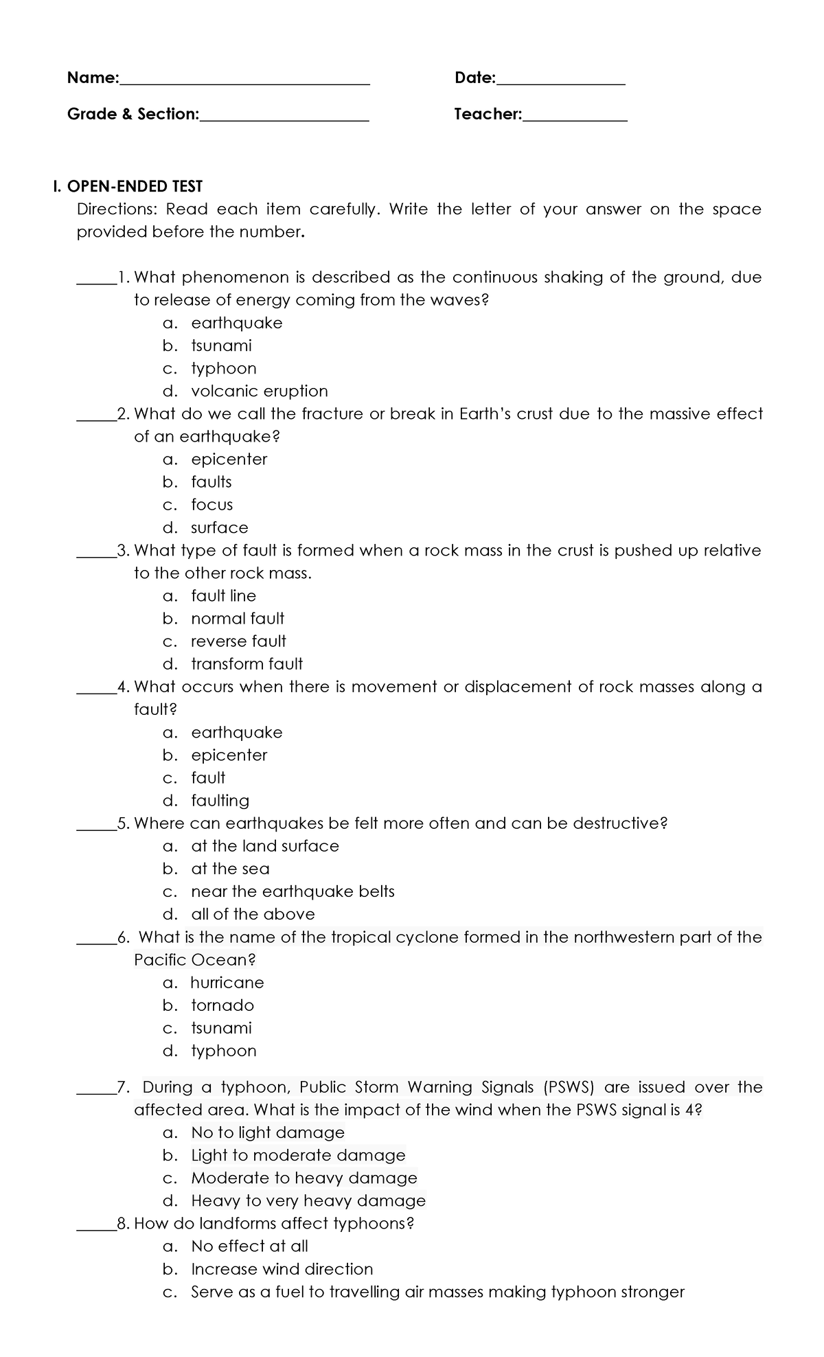 Science TEST - 50 item questions - Name ...