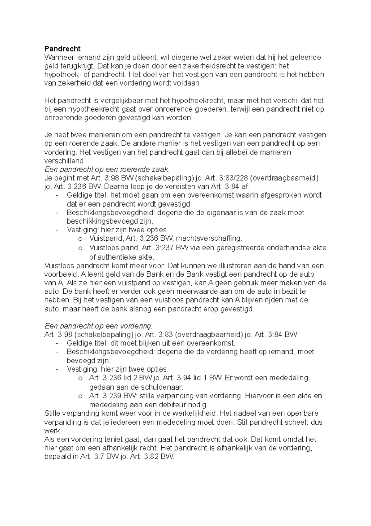 Uitleg over Pandrecht en Vestigingswijze in het BW - Studeersnel