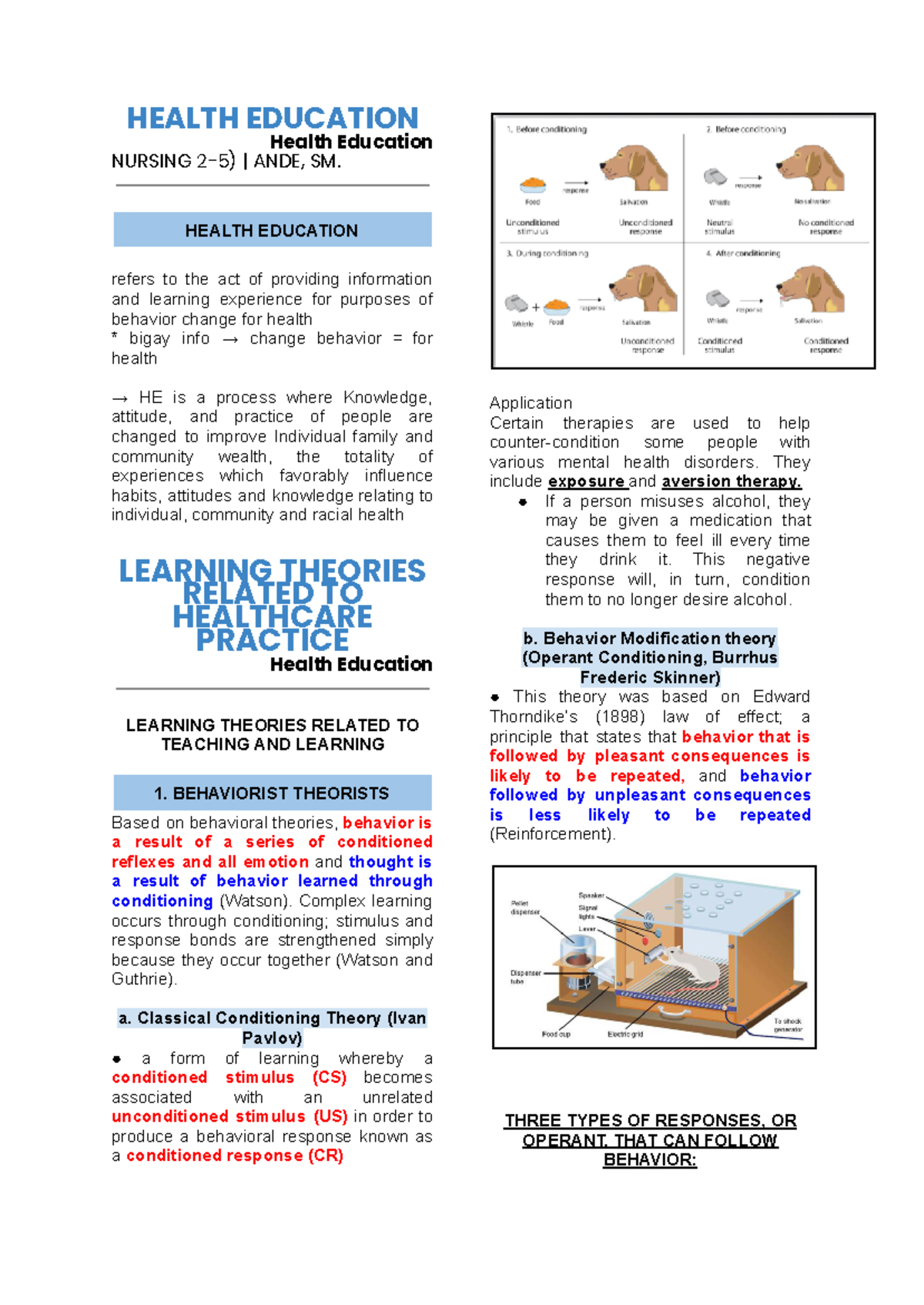 Prelims-EDUC Health Education Lecture Notes on Learning Theories - Studocu