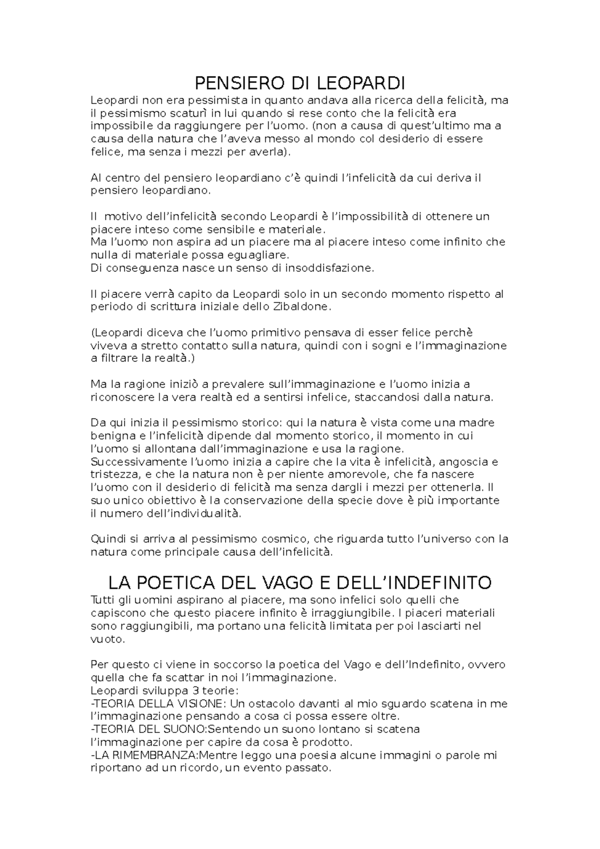 Leopardi - PENSIERO DI LEOPARDI Leopardi non era pessimista in quanto ...