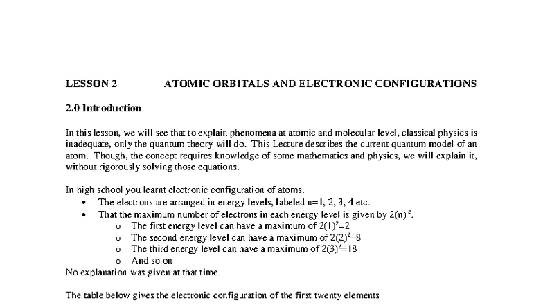 LESSON 2: ATOMIC ORBITALS & ELECTRONIC CONFIGURATIONS - Studocu