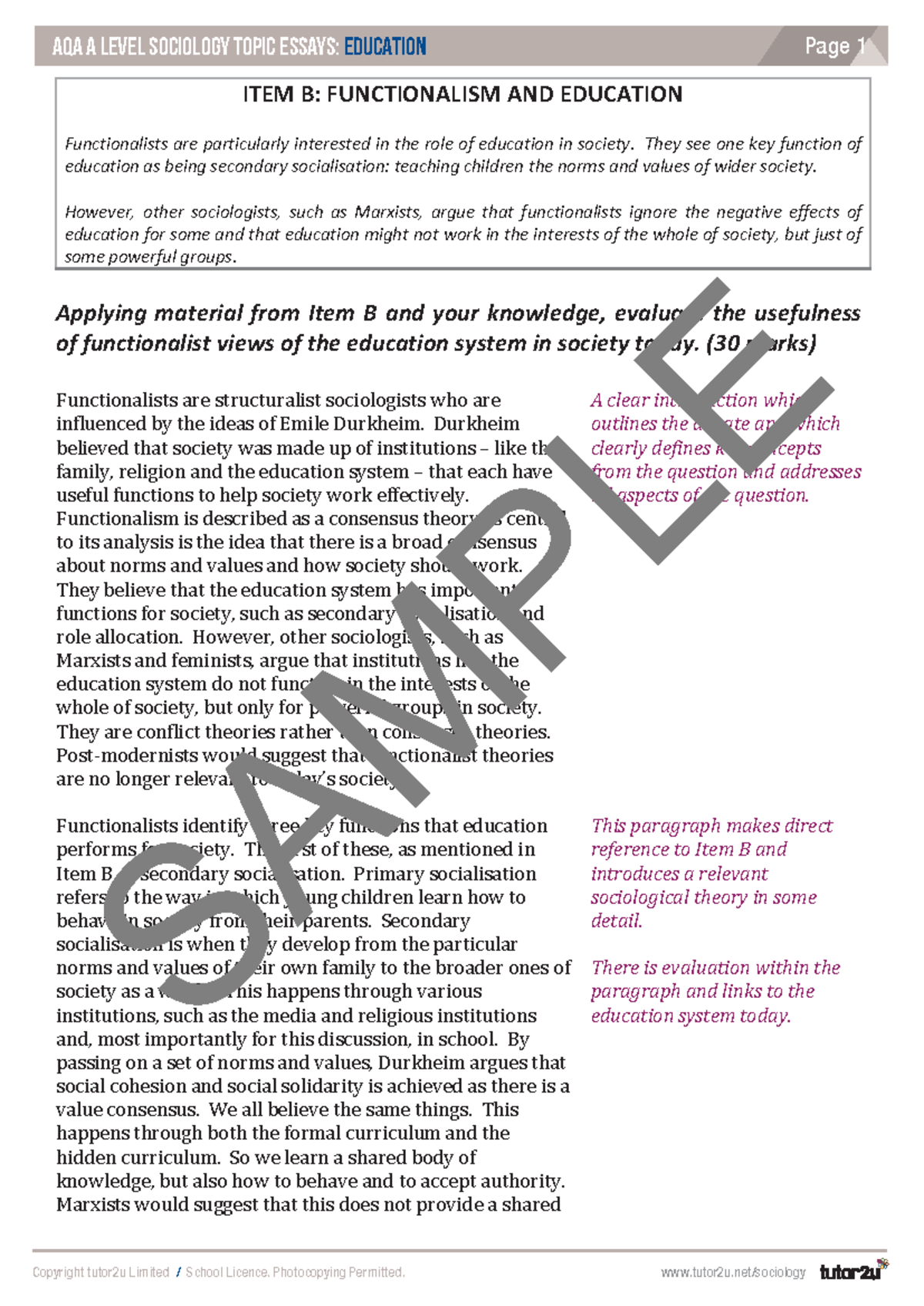 AQA Sociology Essays: Evaluating Functionalism in Education (30 Marks ...