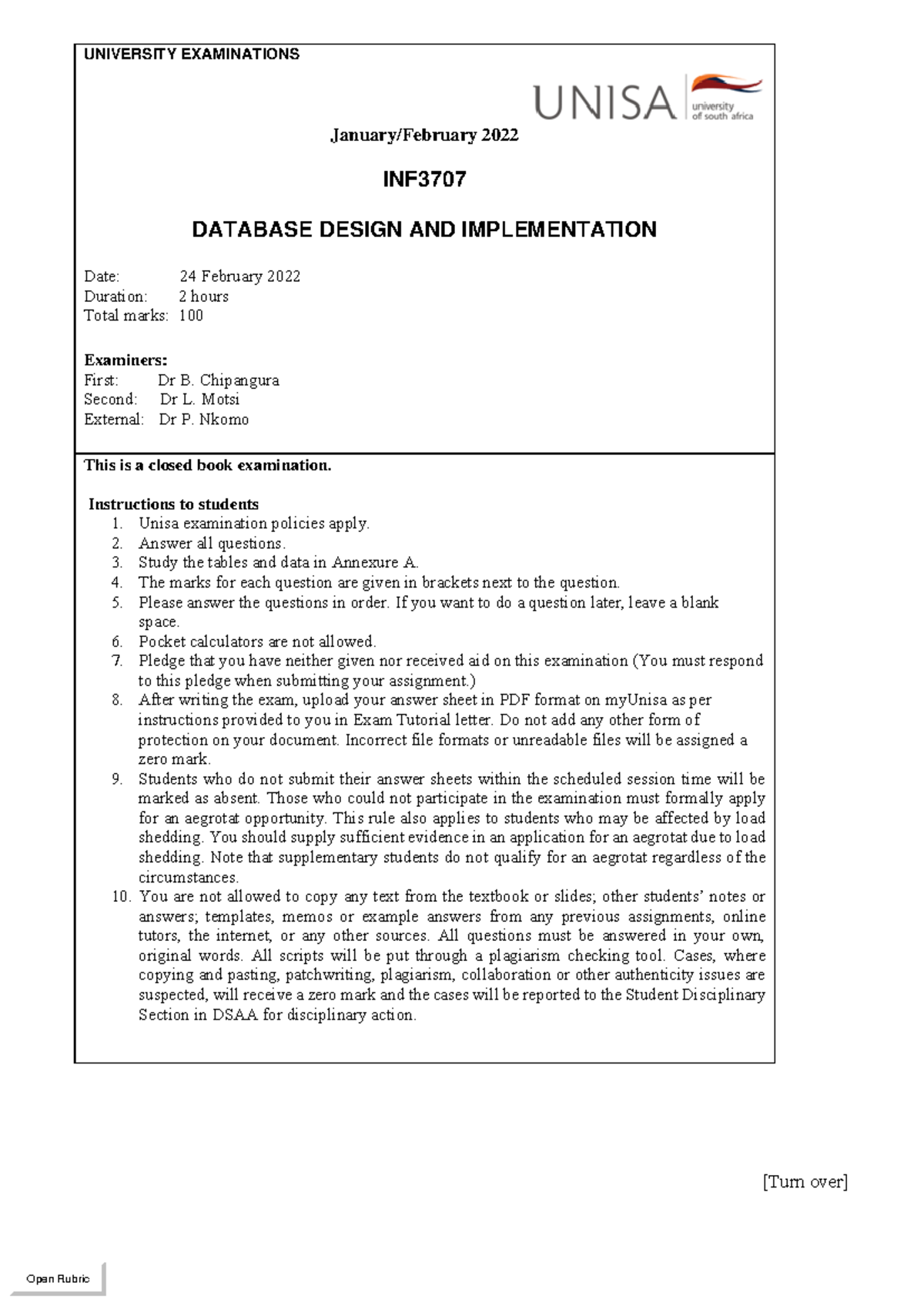 January 2022 - INF3707 Database Design Exam Questions and Guidelines ...