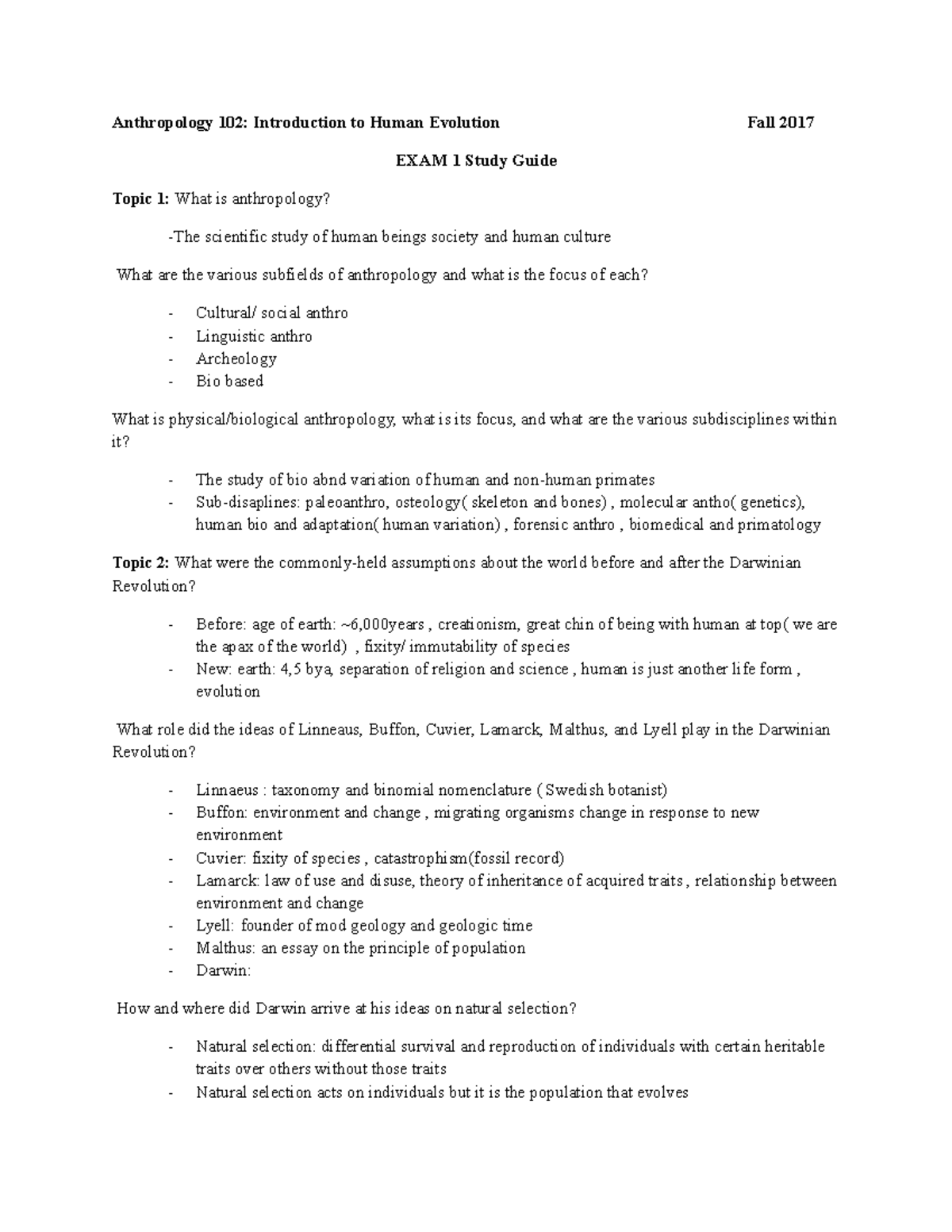 Anthro 102 Exam 1 Study Guide: Key Concepts in Human Evolution - Studocu