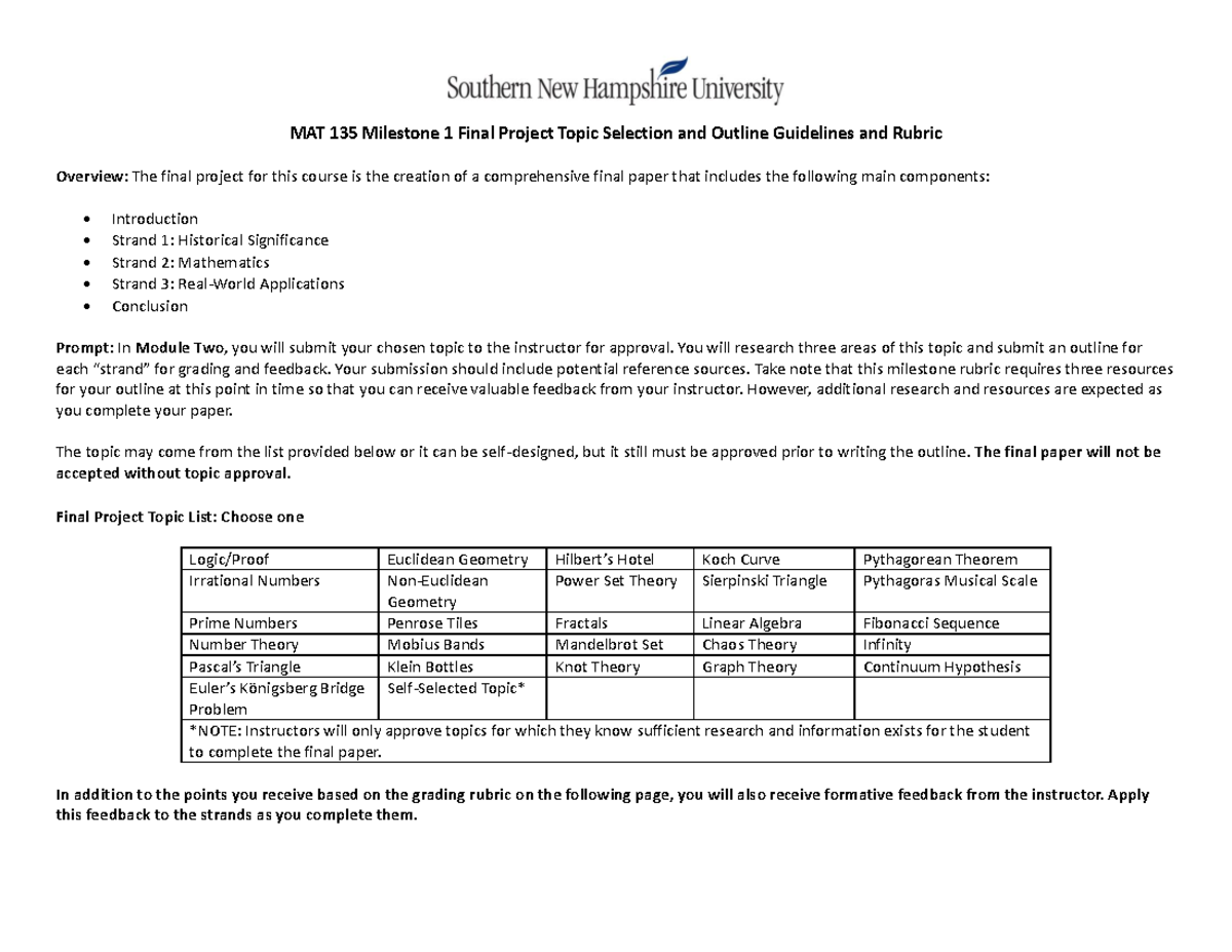 MAT 135 Final Project Topic Selection Rubric & Guidelines - Studocu