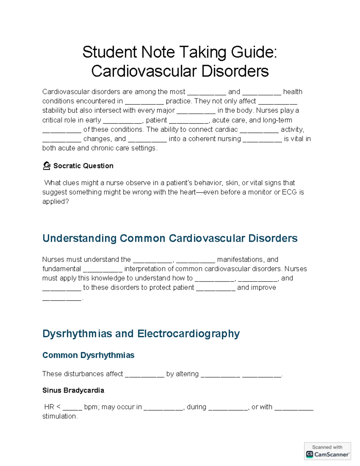 Student Note Taking Guide: Cardiovascular & Hematological Disorders ...