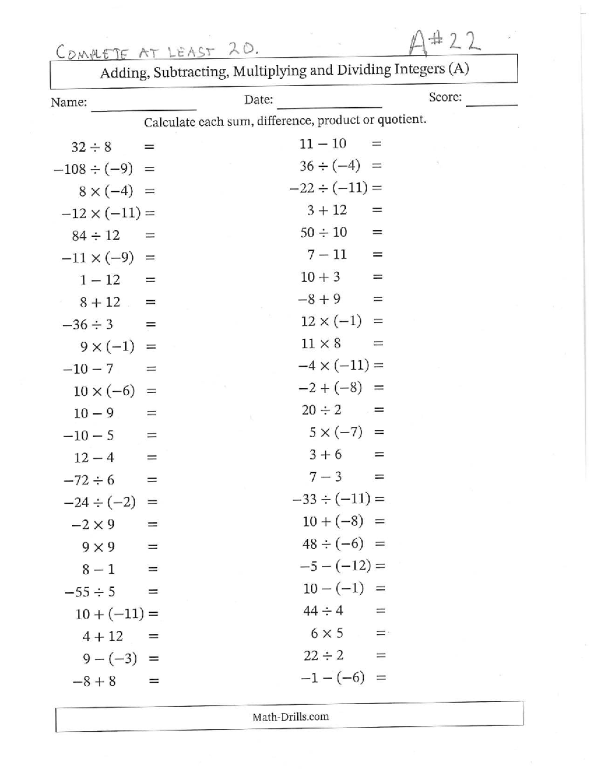 A22 Final Exam: Integer Operations - Adding, Subtracting, Multiplying ...