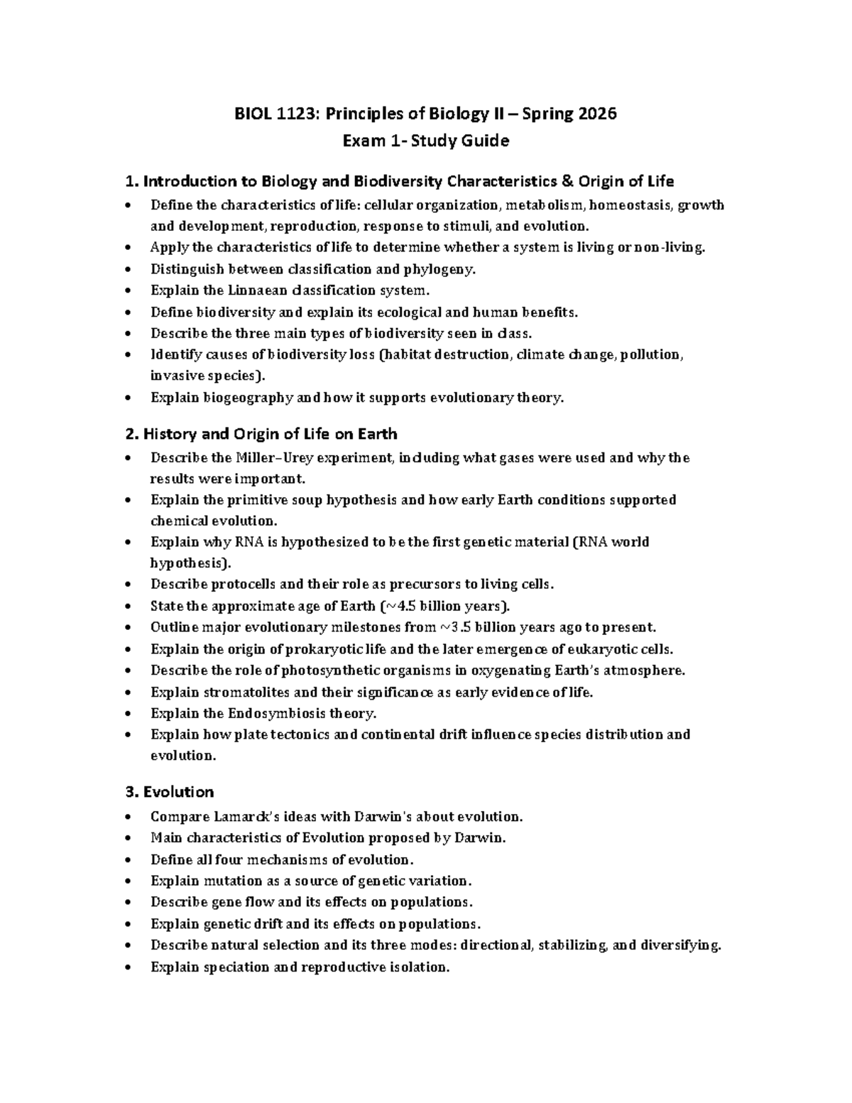 BIOL 1123: Principles of Biology II - Exam 1 Study Guide - Studocu