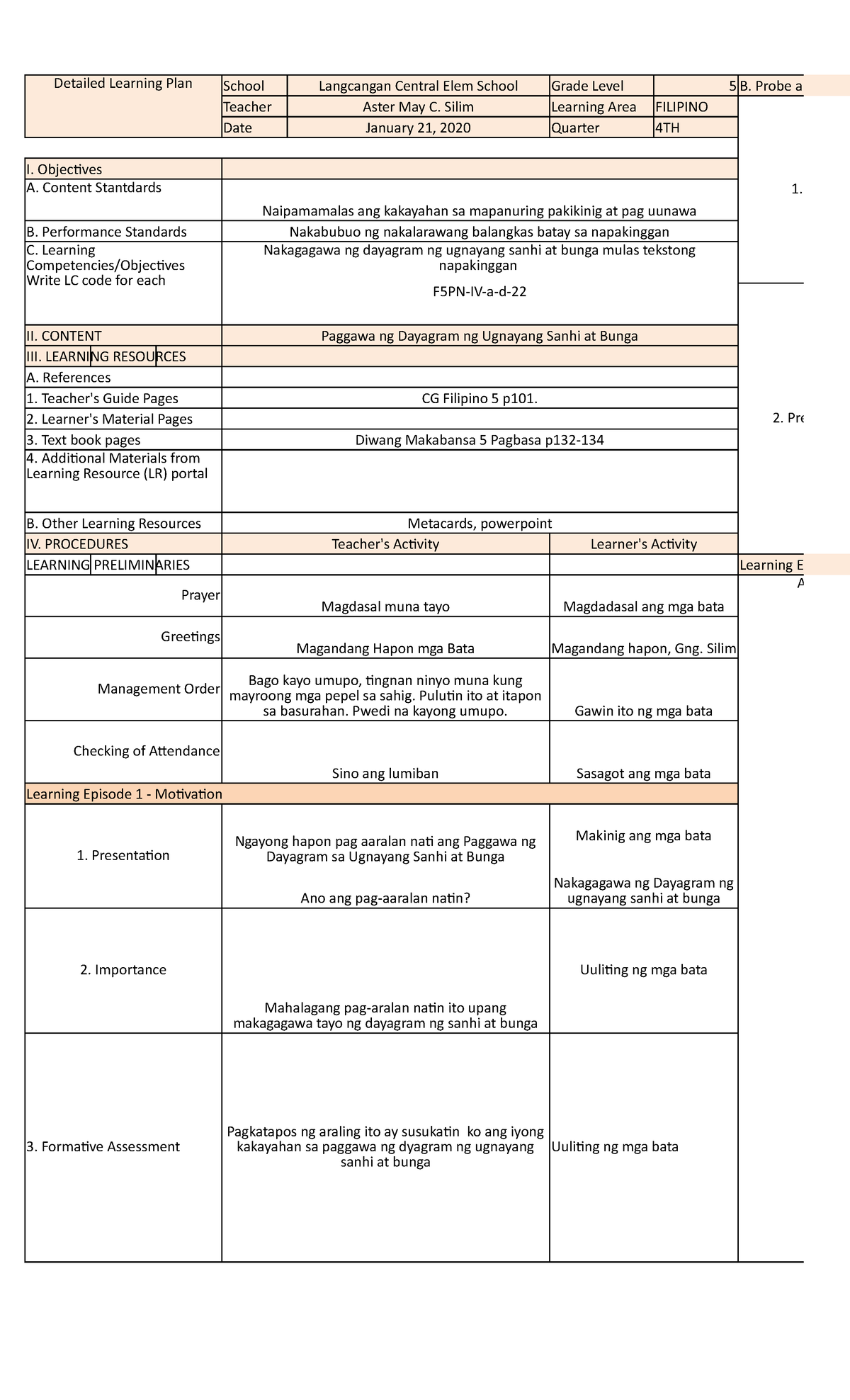 Learning Plan: Dayagram ng Ugnayang Sanhi at Bunga for FILIPINO 5 - Studocu