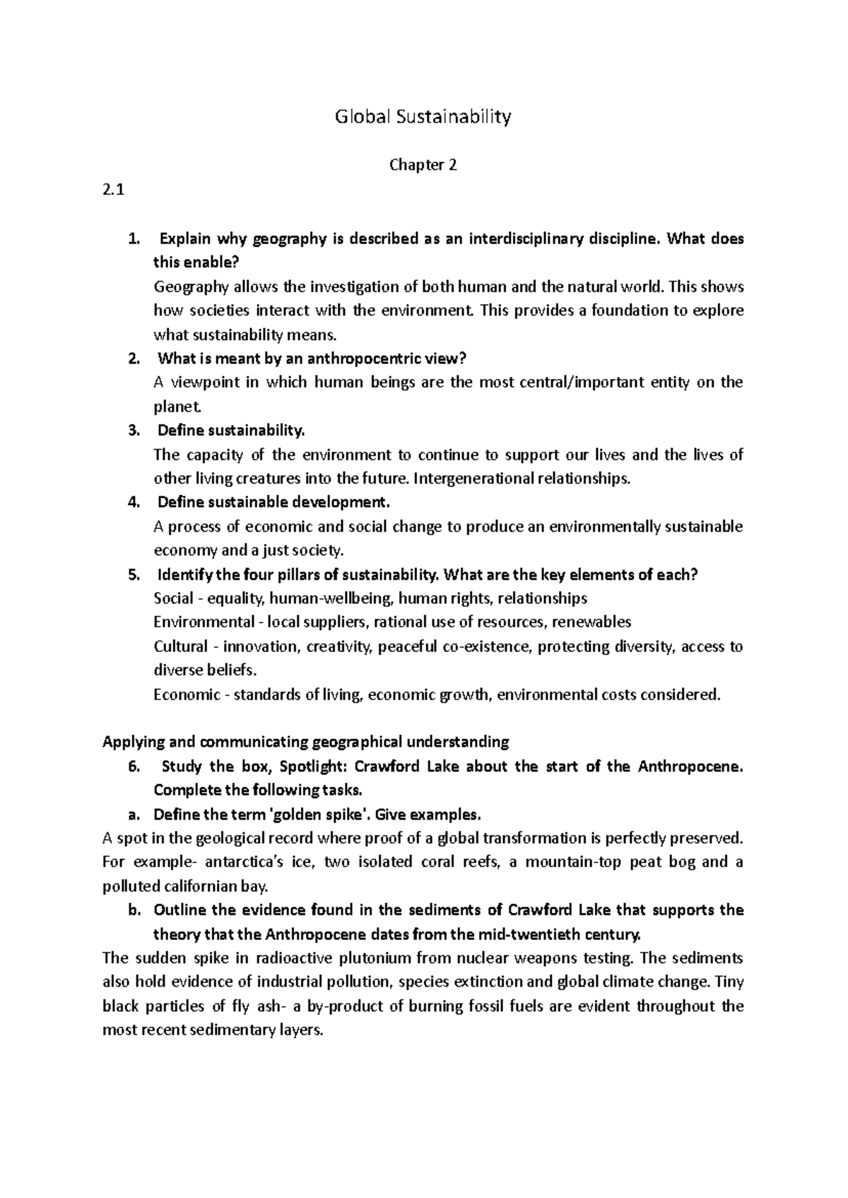 Geography Year 12 - Global Sustainability - Global Sustainability ...