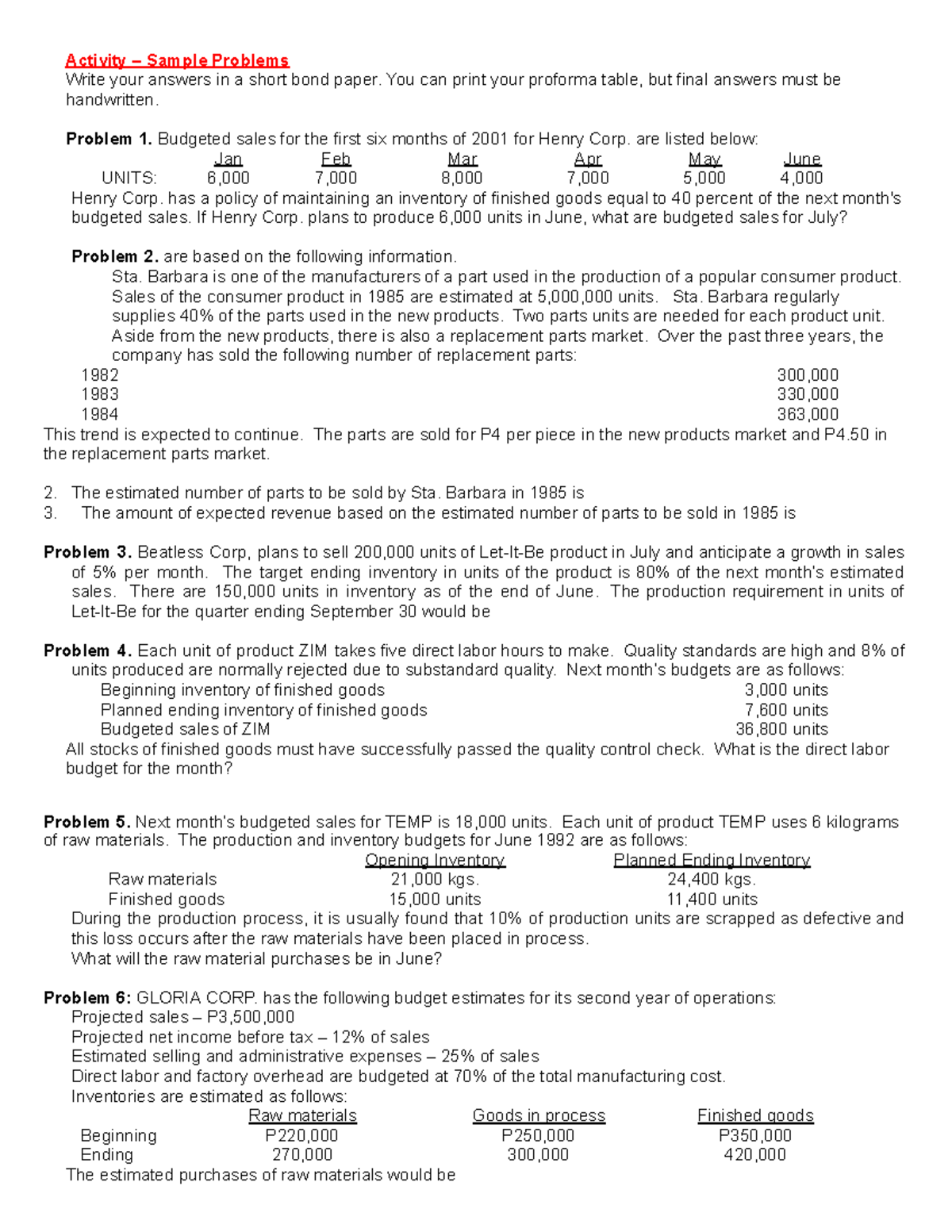 Master Budget Questionnaire: Activity Sample Problems for Course Code ...