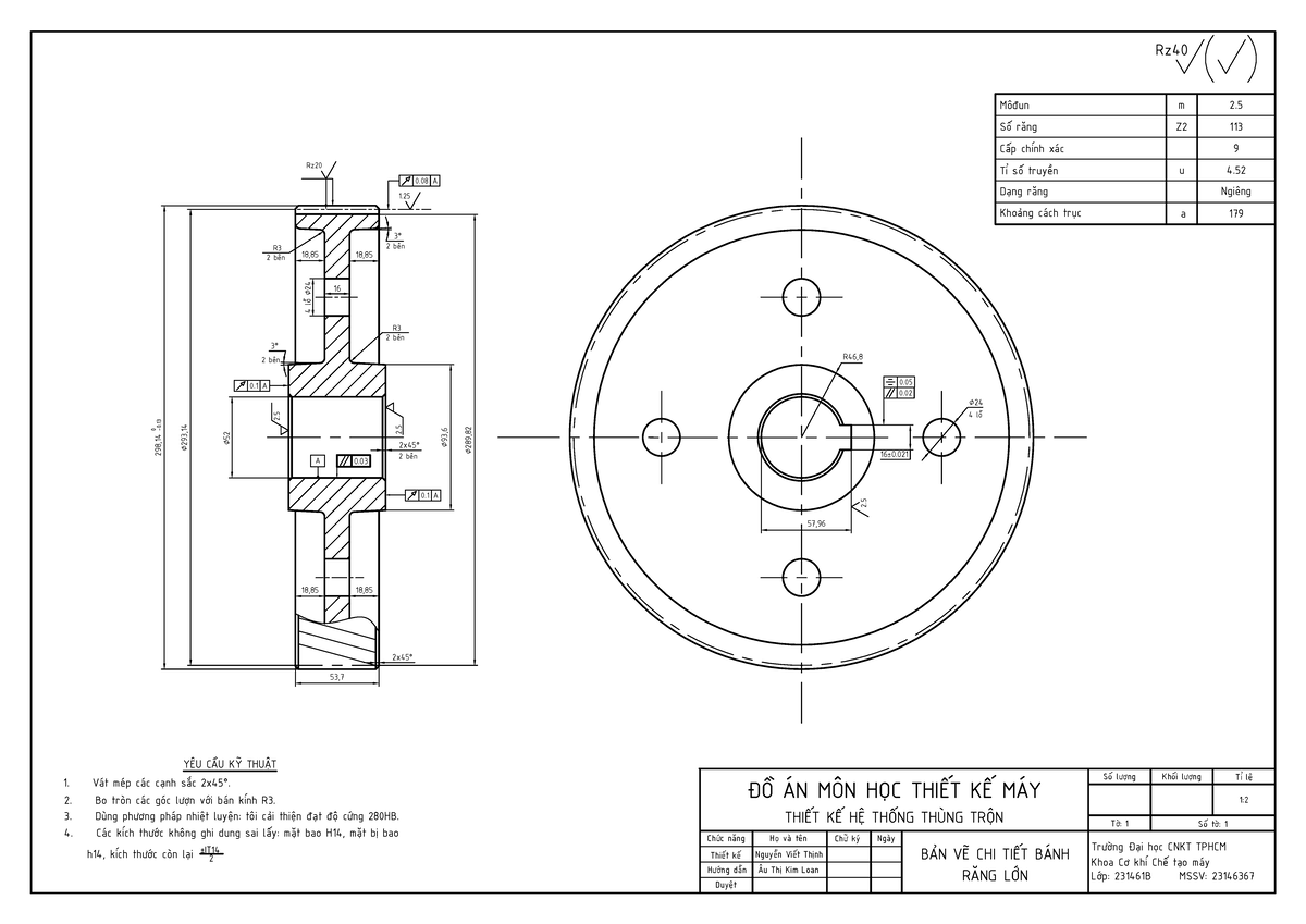 BẢN VẼ CHI TIẾT BÁNH RĂNG LỚN - ĐỒ ÁN MÔN HỌC THIẾT KẾ MÁY - Studocu
