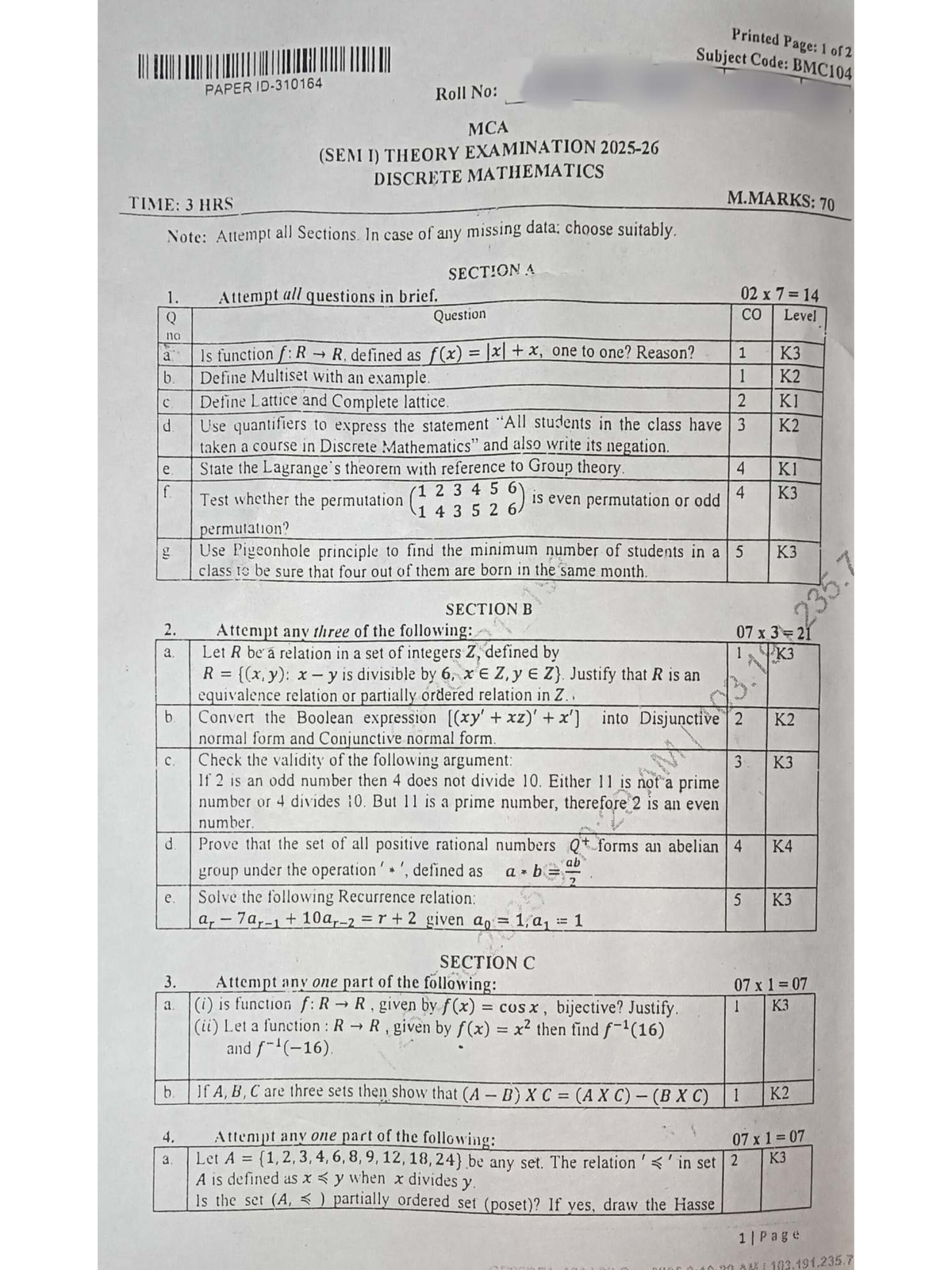 BMC104 Discrete Mathematics Theory Exam Paper - MCA 1st Sem 2025-26 ...