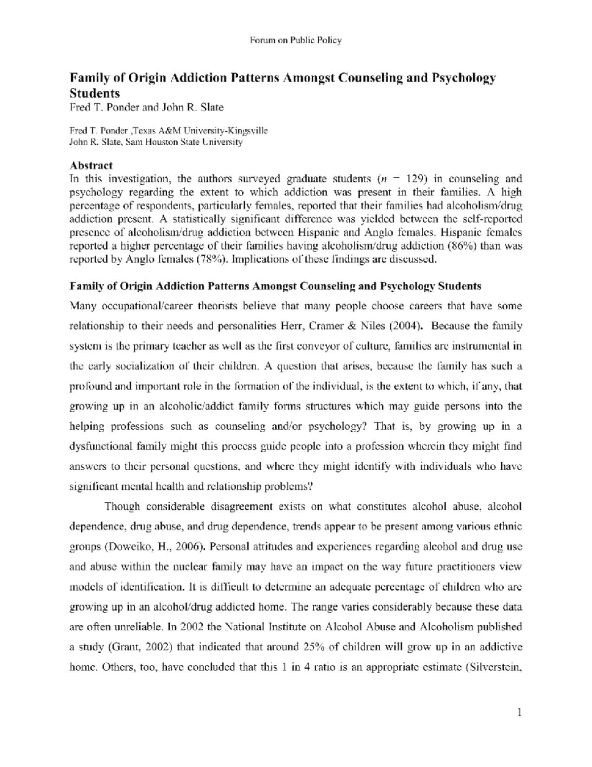 Family of Origin Addiction Patterns: Insights from Counseling Students ...