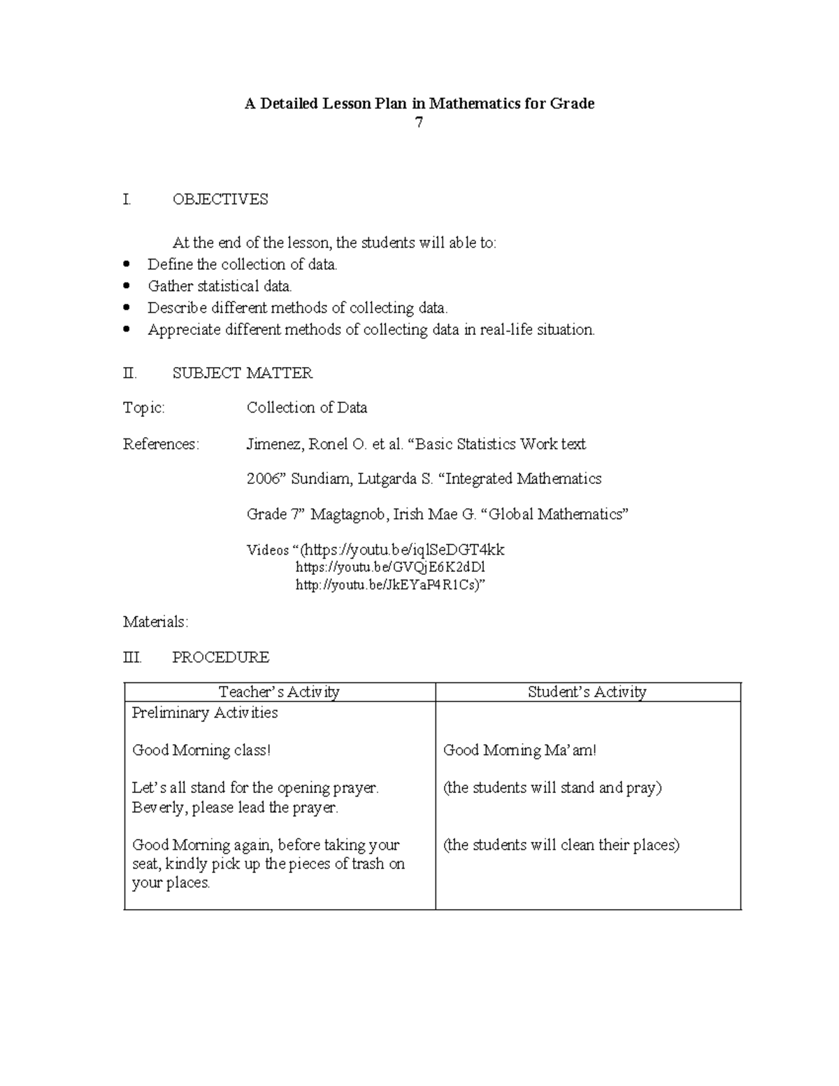Detailed Lesson Plan on Collection of Data for Grade 7 Mathematics ...