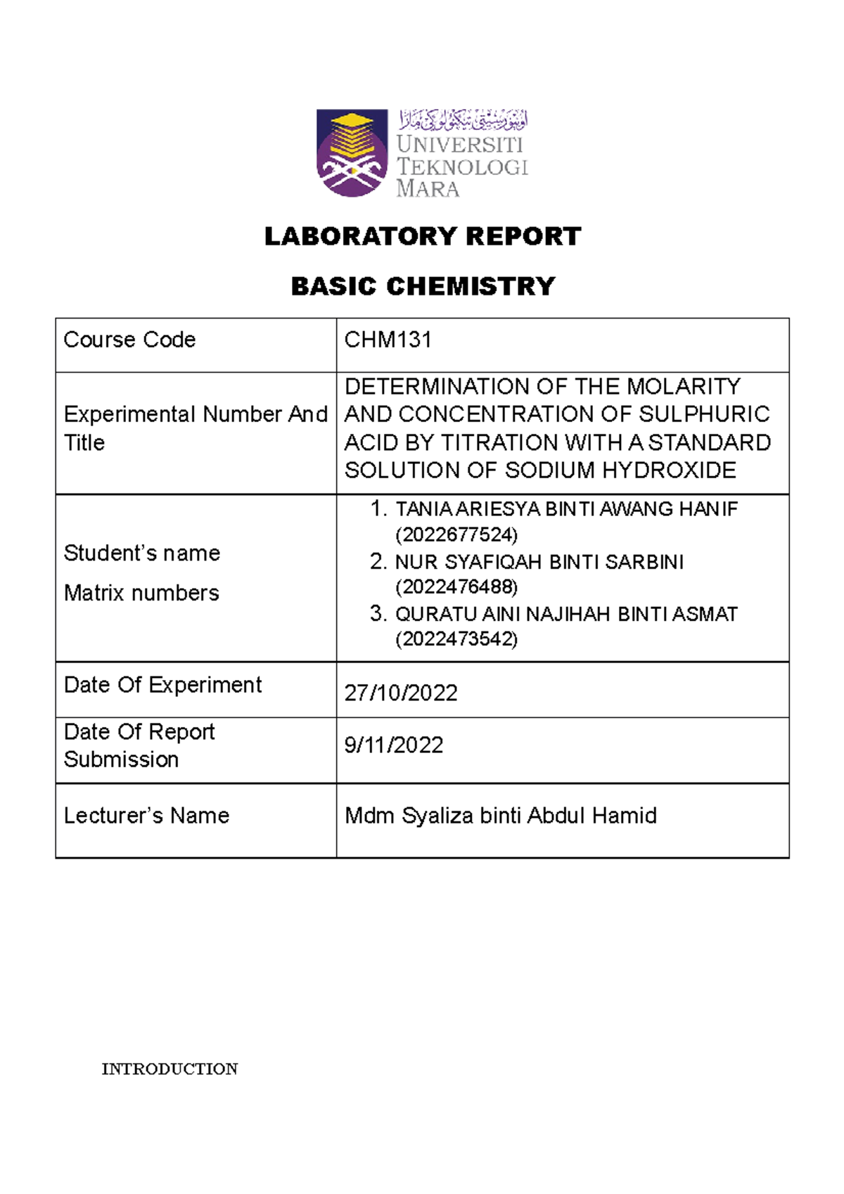 LAB Report 3 Introduction to Titration- Determination of The Molarity ...