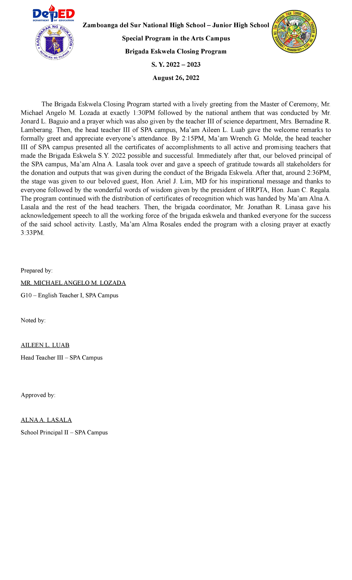 Brigada Eskwela Closing Program Narrative S.Y. 2022-2023 Report - Studocu