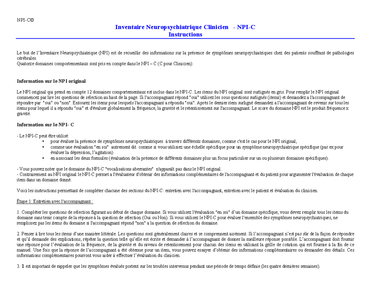 Instructions pour l'Inventaire Neuropsychiatrique Clinicien (NPI C ...