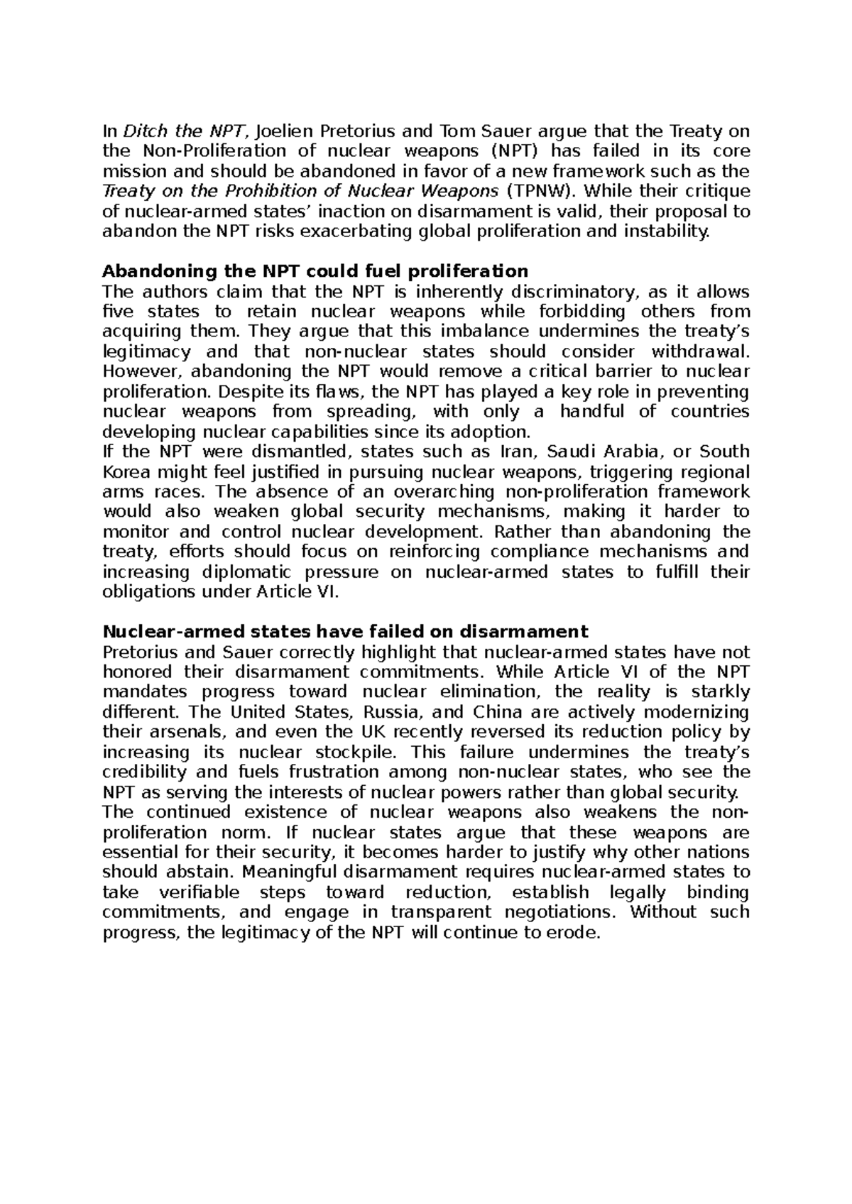 HC4: Critique of NPT and Proposal for TPNW Framework - Studocu
