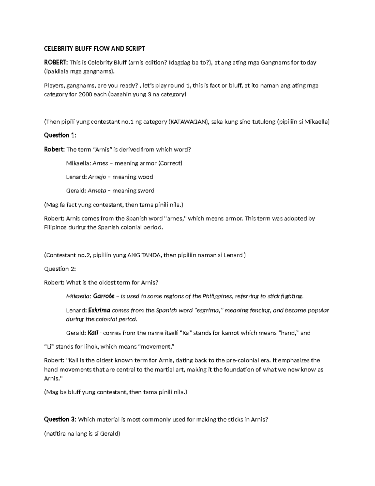 Celebrity Bluff FLOW & Script: Arnis Edition Guide - Studocu
