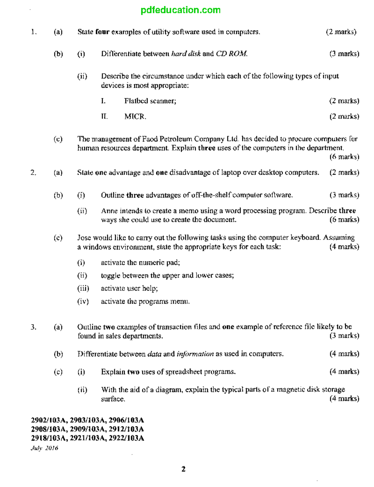 Information and Communication Technology ICT KNEC Past Paper July 2016 ...