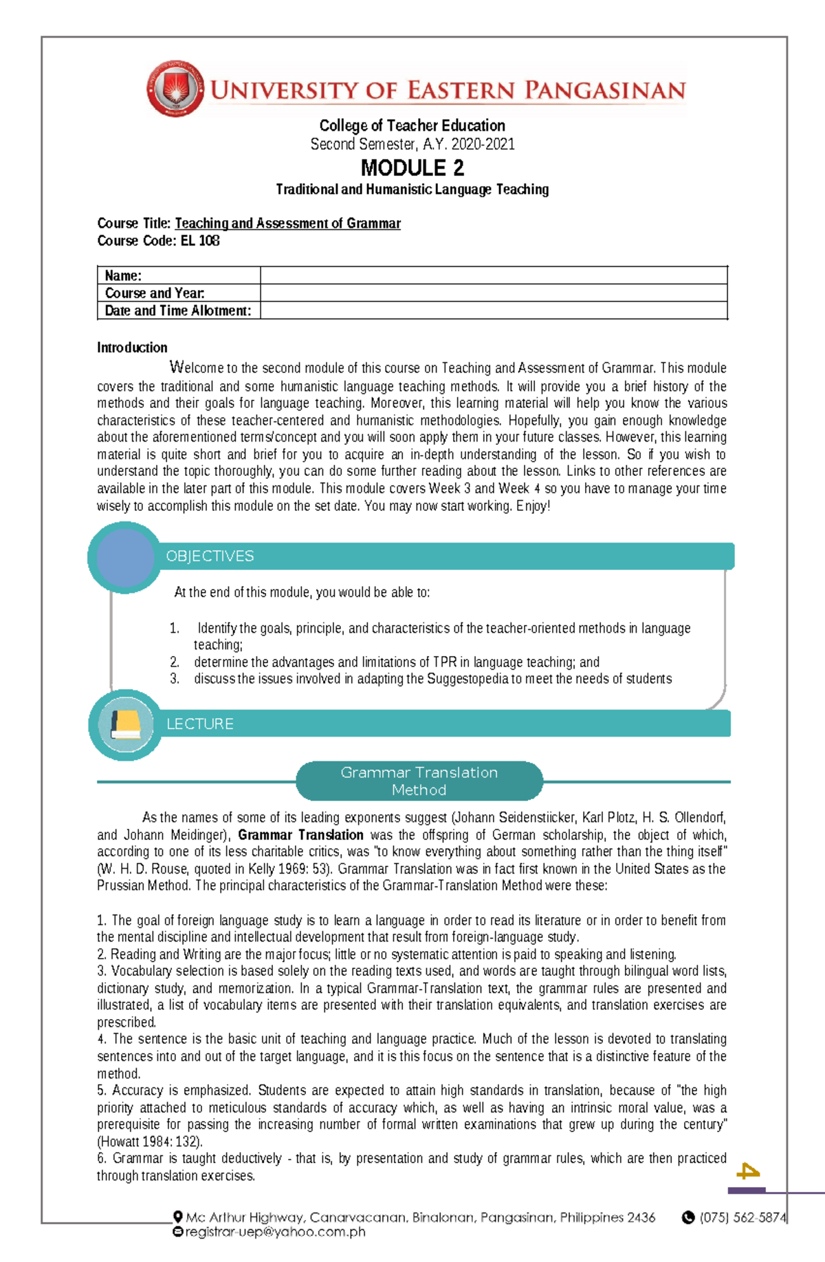 Teaching and Assessment of Grammar EL 108: Module 2 Overview - Studocu