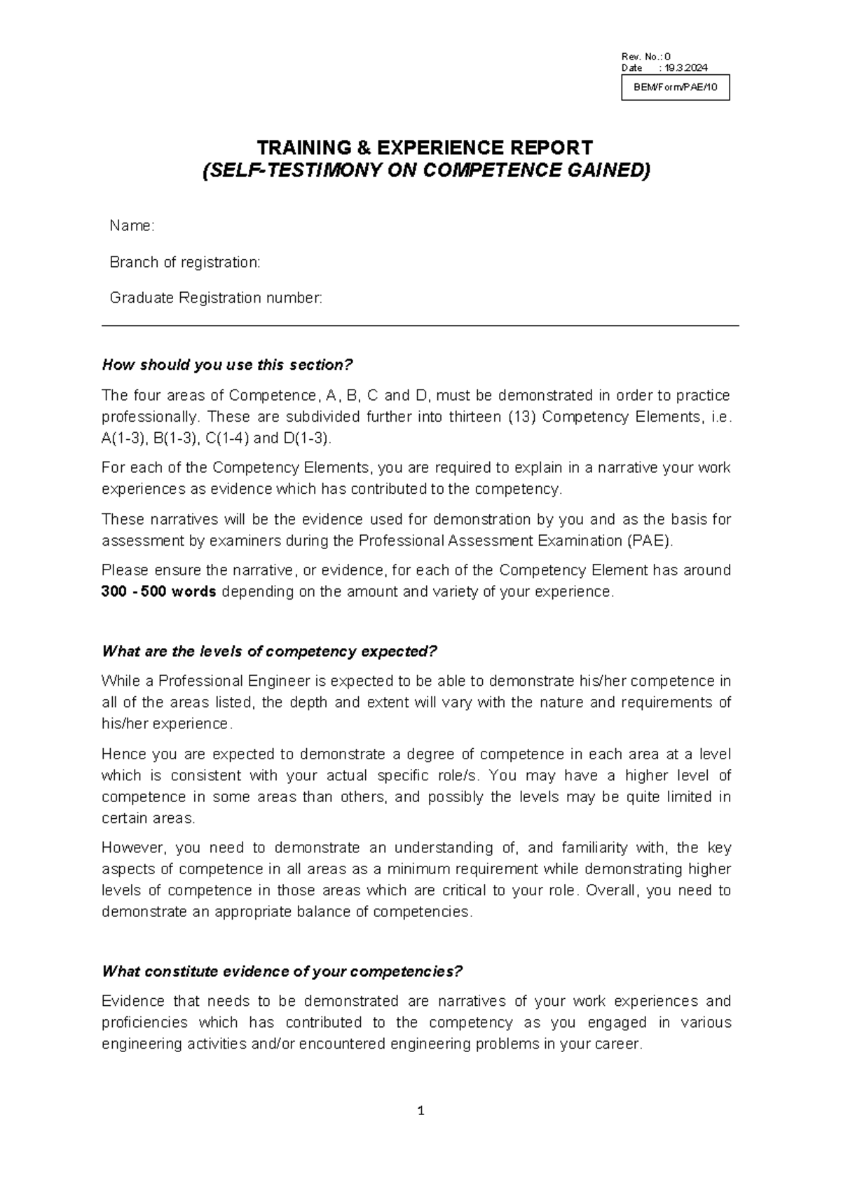 Training Experience Report on Competence Gained for PAE - Studocu