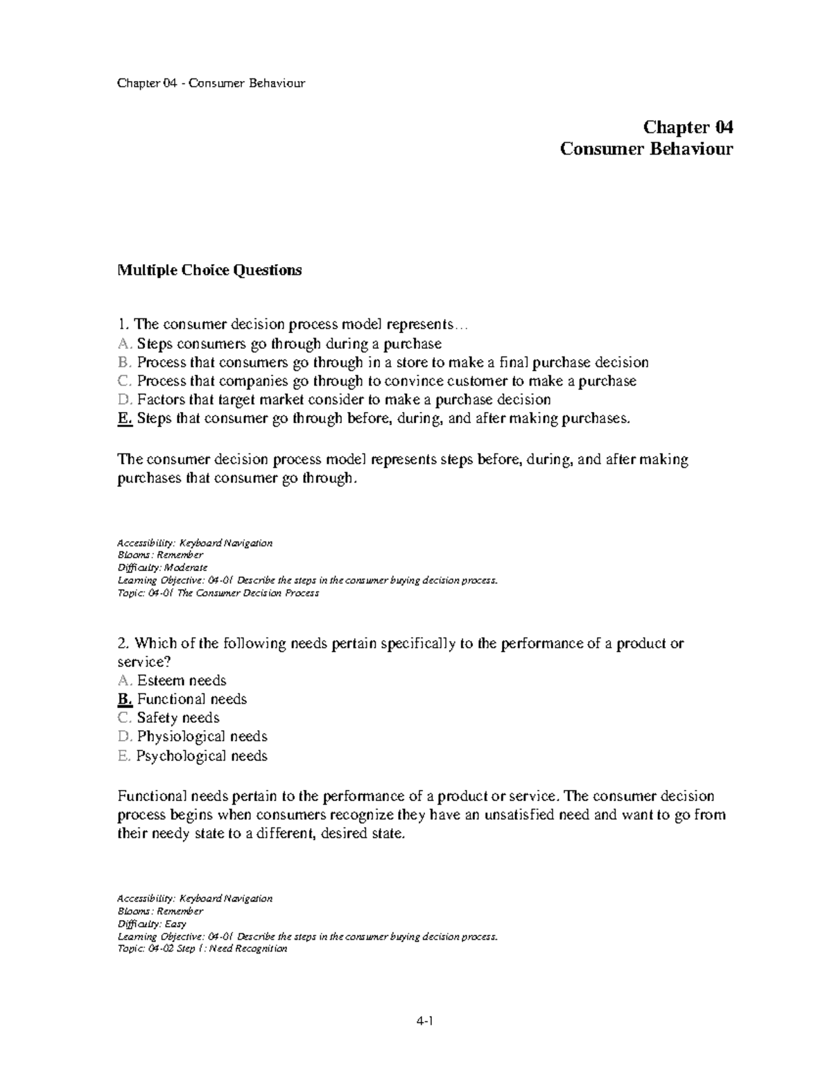 Chapter 04: Consumer Behaviour - Multiple Choice Questions - Studocu