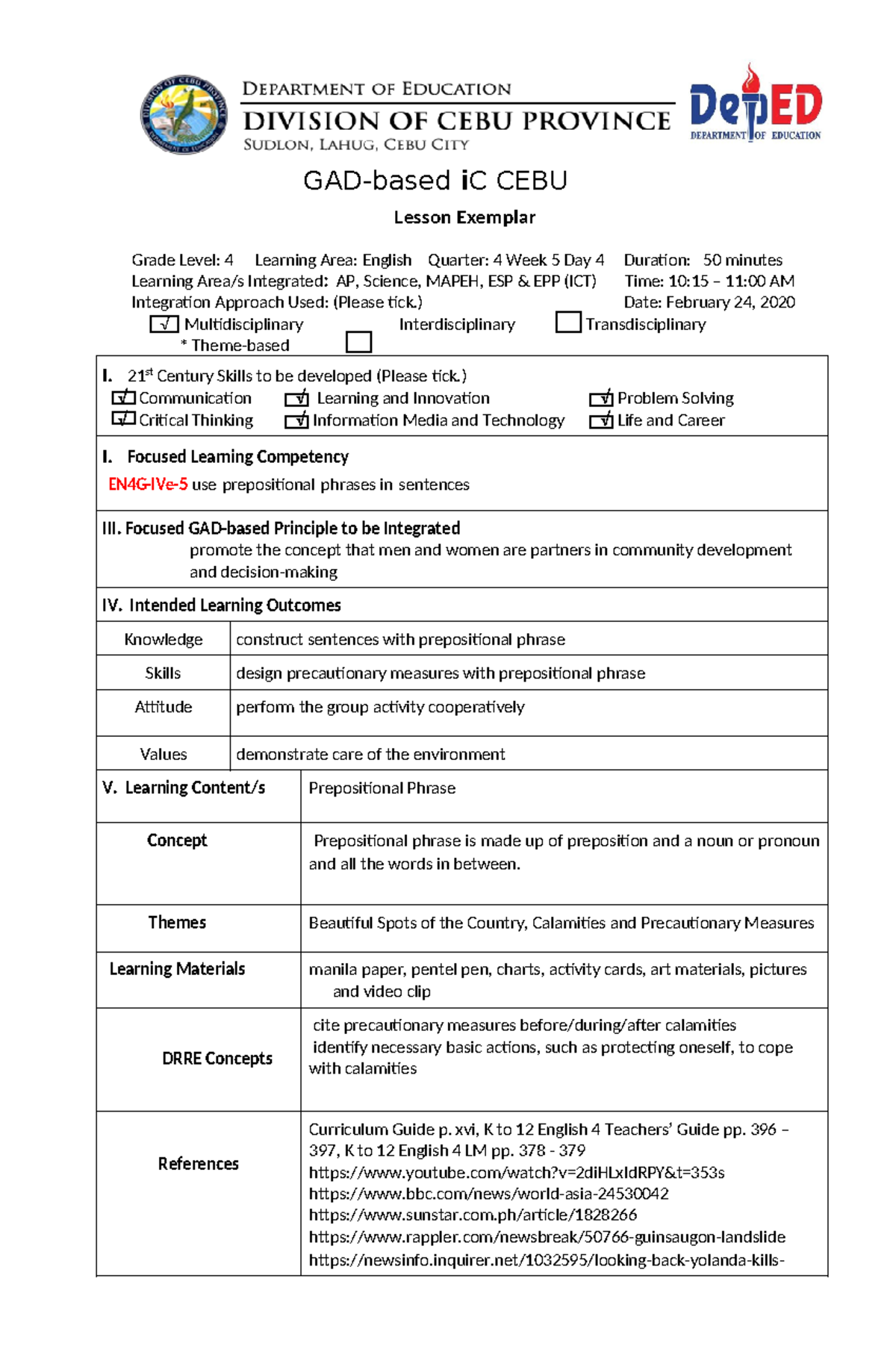 Prepositional Phrase Lesson Plan 4 - Lesson Exemplar Grade Level: 4 ...