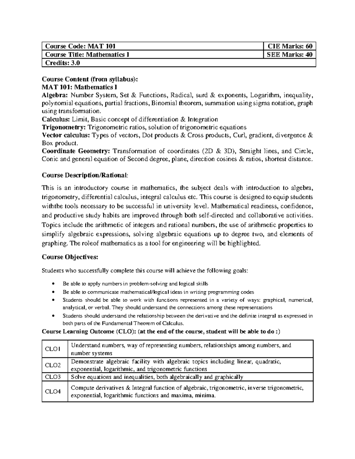 MAT 101: Comprehensive Course Outline for Mathematics I - Studocu