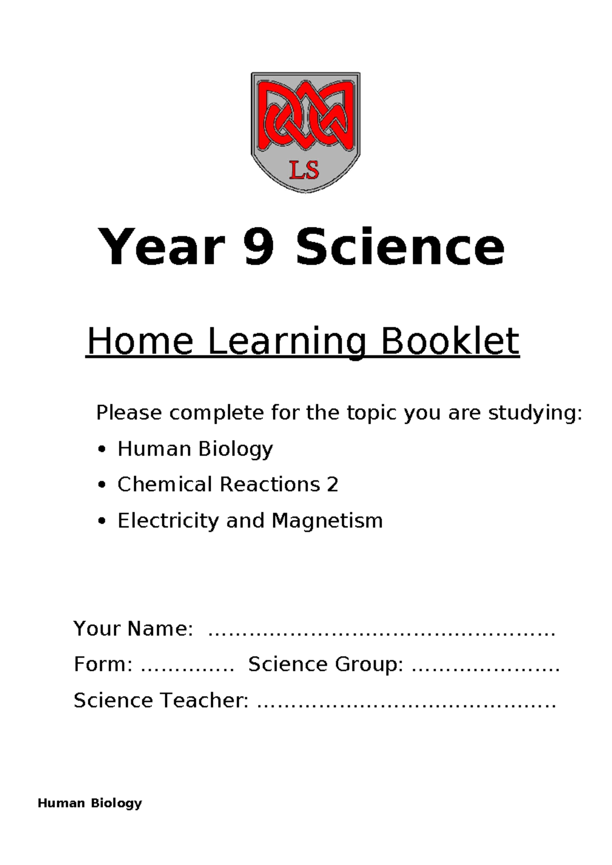 Year 9 Science Home Learning Booklet - Human Biology & Chemistry - Studocu