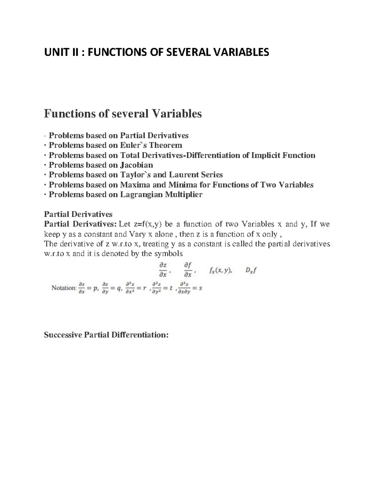1st Sem Engg Math I - Functions of Several Variables Notes - Studocu